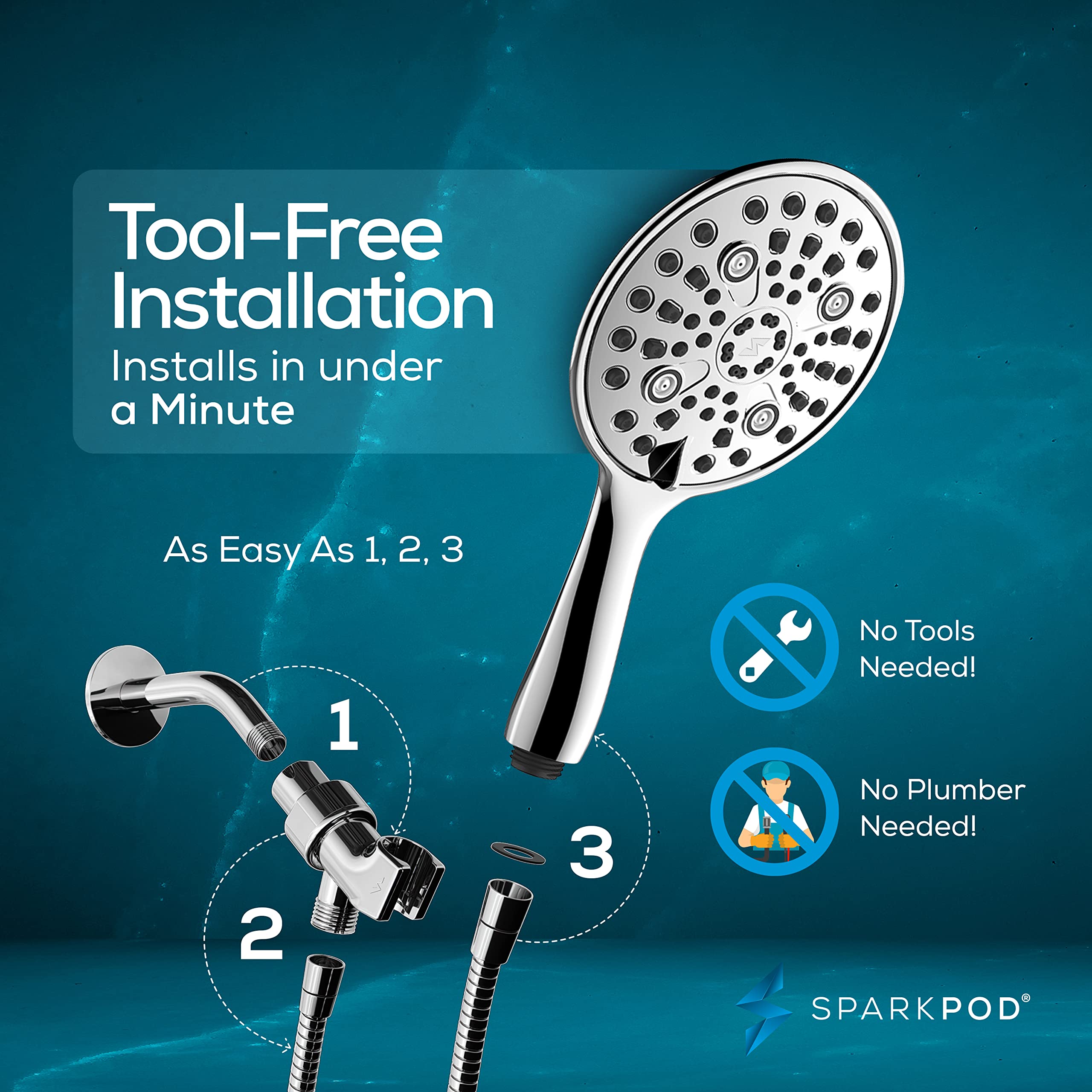 SparkPod 6 Spray Setting High Pressure Hand Held Shower Head - 6" Wide Angle Handheld Shower Head Set with Brass Swivel Ball Bracket and 70 Inch Long Hose - Luxury Design (Luxury Polished Chrome)