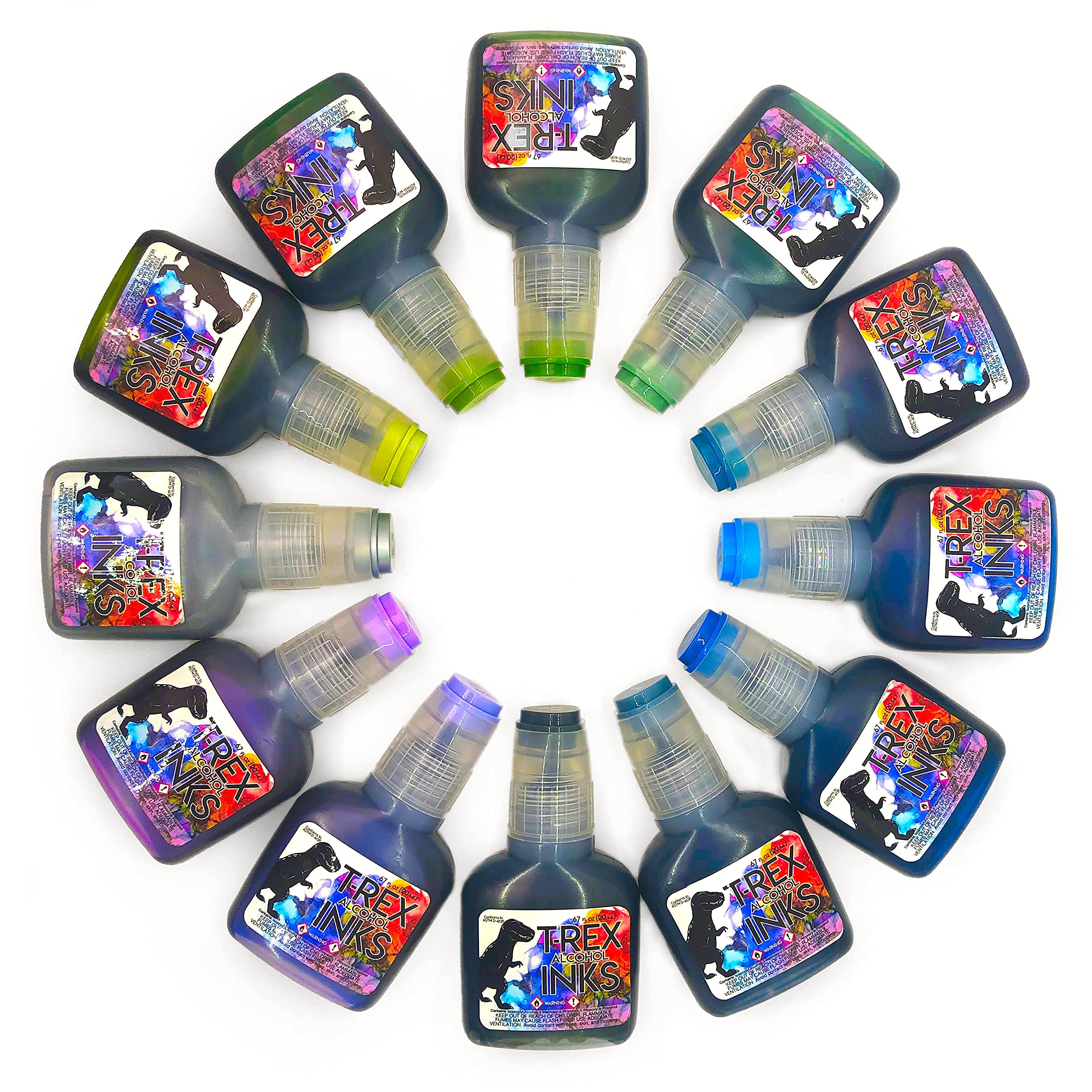 T-Rex Inks Premium Alcohol Inks Cool Earth Set- 12 Cool Tone Colors - Alcohol Ink for Epoxy Resin Dye, Painting, Tumbler Making & More - Includes Storage Box & Metallic Silver Ink - 20ml Bottles