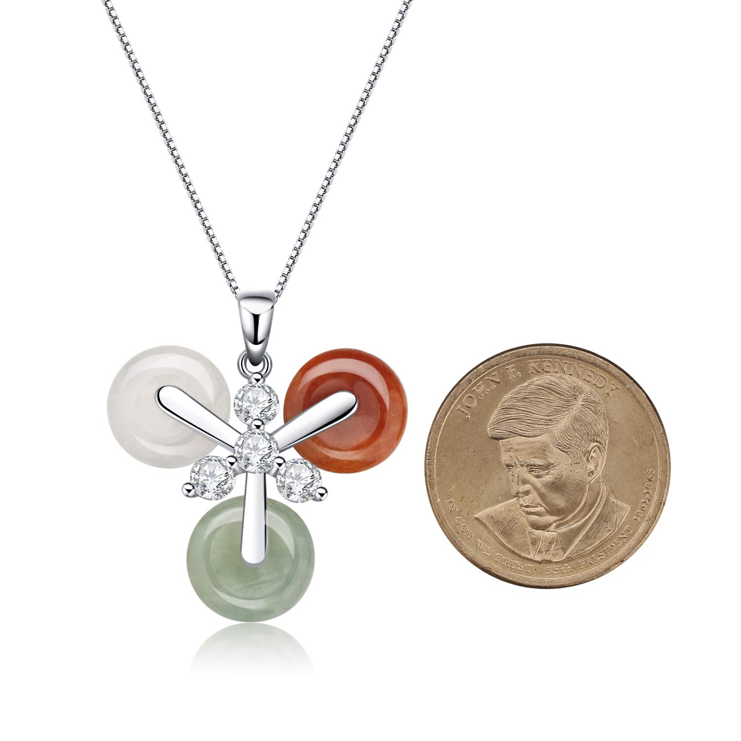 xiao nian jewelry Natural Fine Jade Pendant Set with Silver Support 18" Sterling Silver Necklace(Green,Orange,White, 1)
