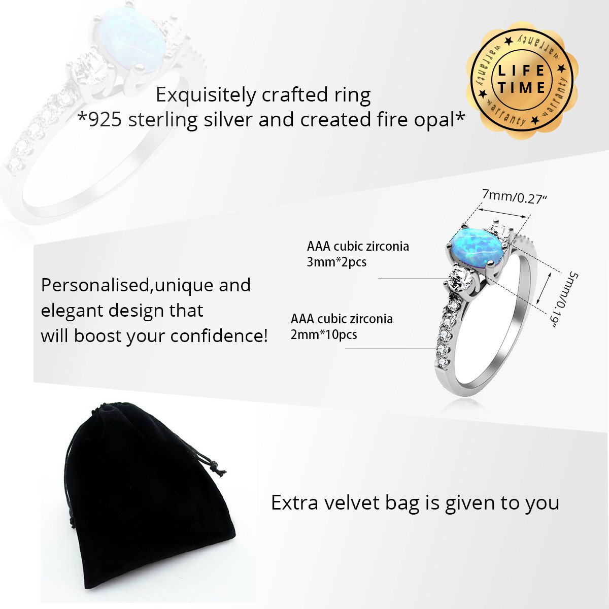 Uloveido 3 Stone Accent Wedding Ring Oval Cut Lab Blue Fire Opal Round CZ 925 Sterling Silver Engagement Jewelry for BFF 2.16g Size 6 JZ104