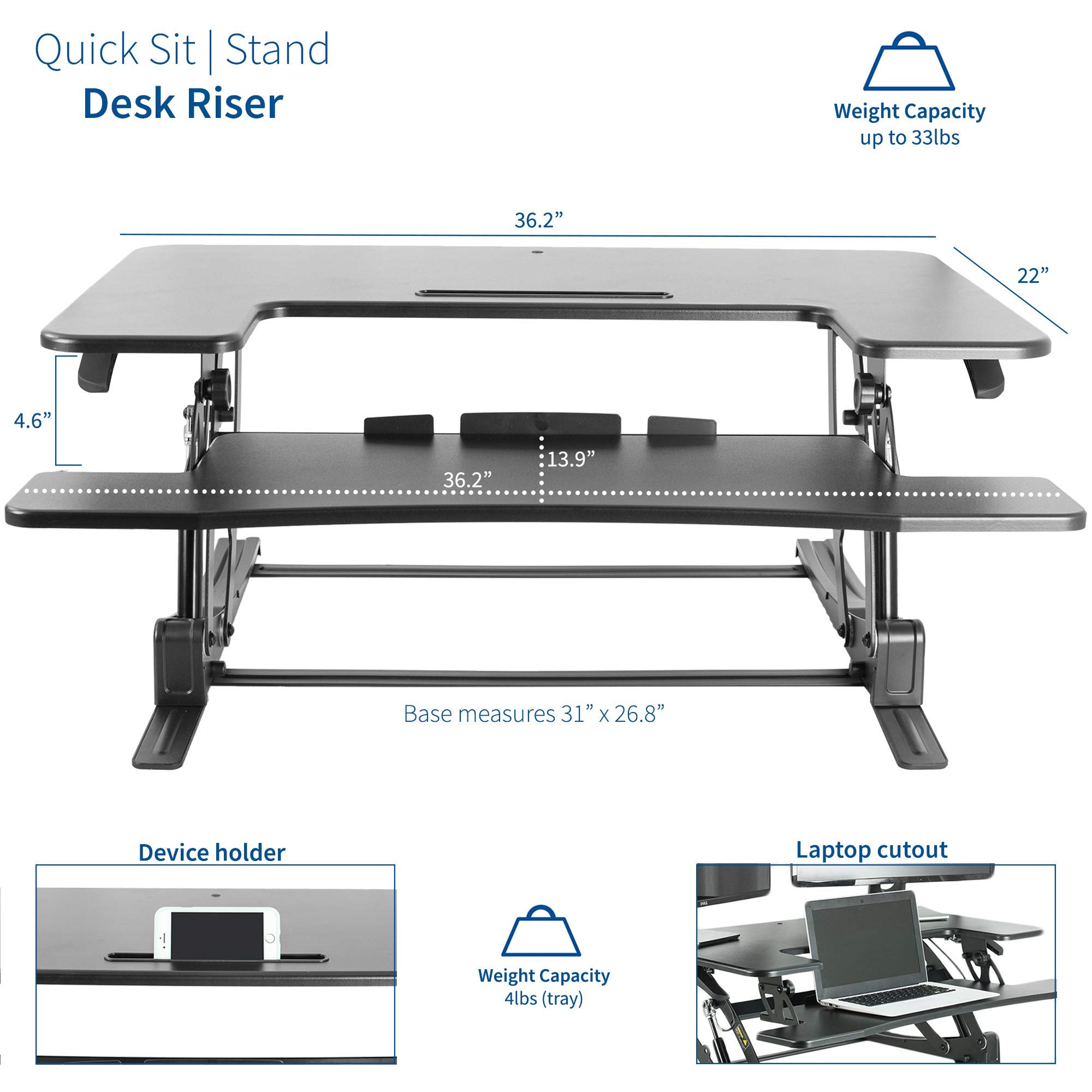 VIVO Black Height Adjustable 36 inch Stand Up Desk Converter Workstation, Quick Sit to Stand Tabletop Monitor Riser with Extra Large Keyboard Tray, DESK-V000V2