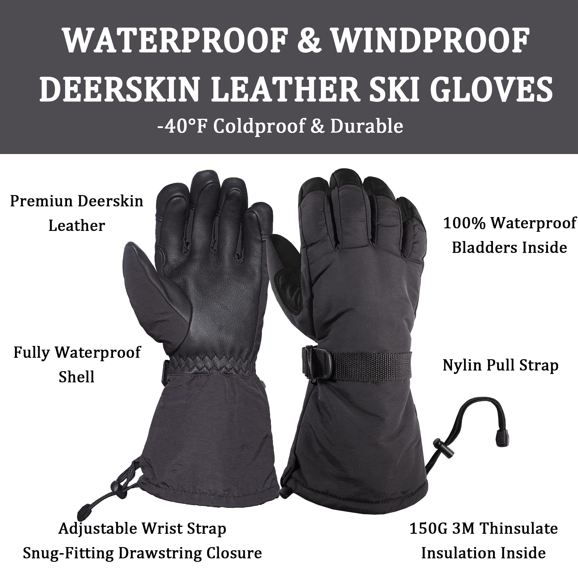 SKYDEER Waterproof Cold Weather Deerskin Leather Winter Ski Gloves (SD8648T/XL)
