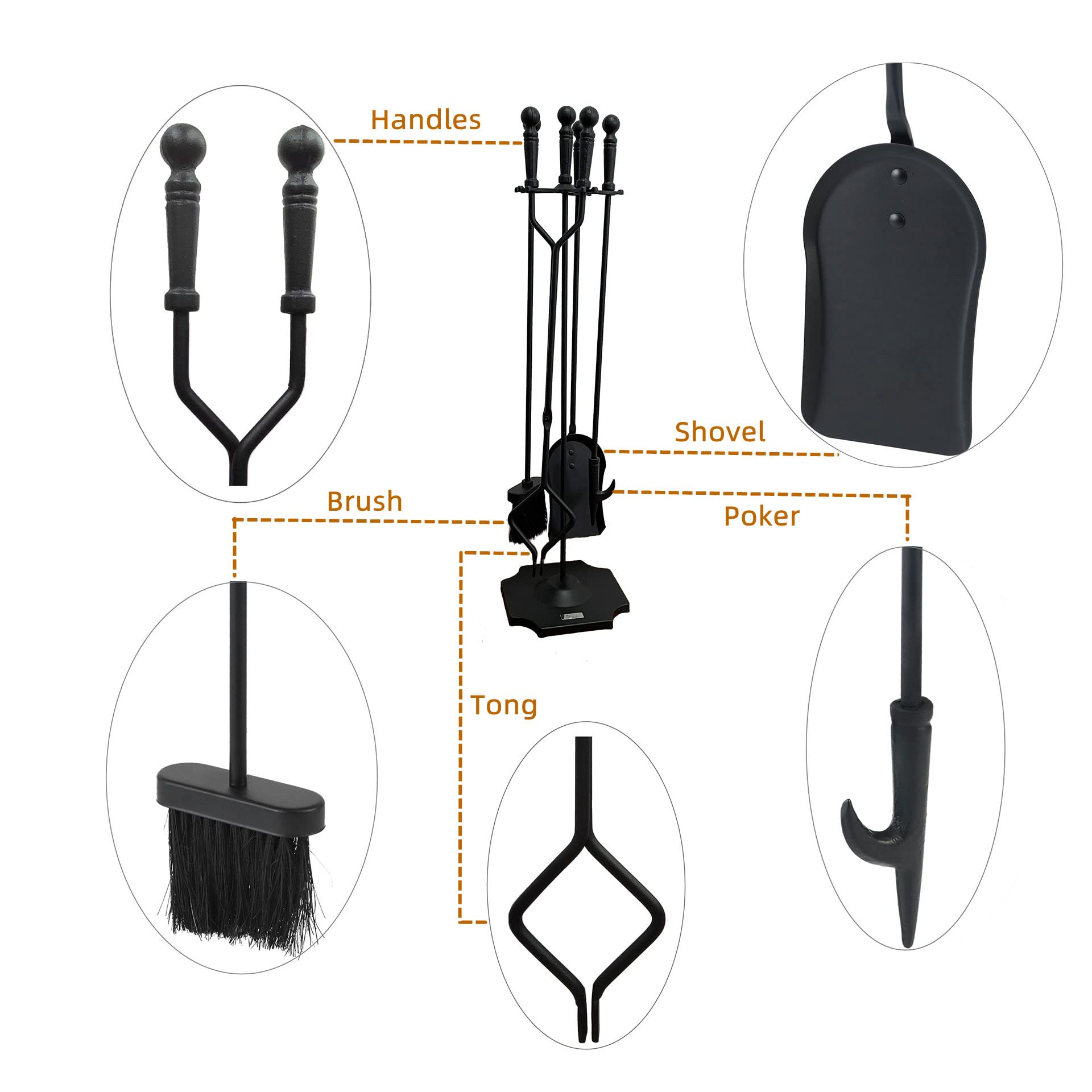 VODA Fireplace Tools Set 5 Pieces 31.5In Cast Iron Indoor Fireside Accessories Large Fire Place Tool Set Outdoor Holder Fire Kit Stand Wood Stove Log Shovel Brush Tong and Fireplace Poker