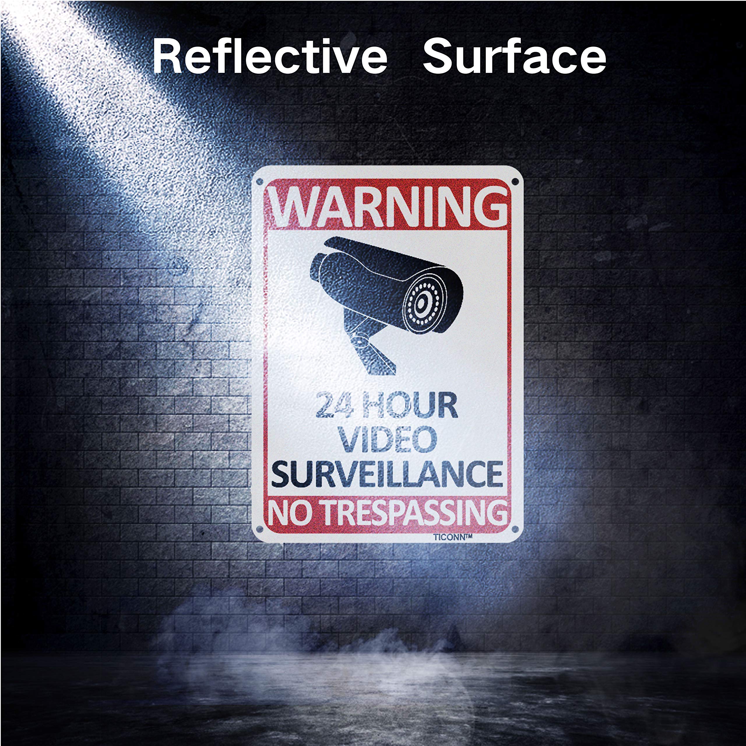 TICONN 4-Pack 24 Hour Video Surveillance Sign, No Trespassing Aluminum Warning Sign, 10ββx7ββ for CCTV Security Camera - Reflective, UV Protected