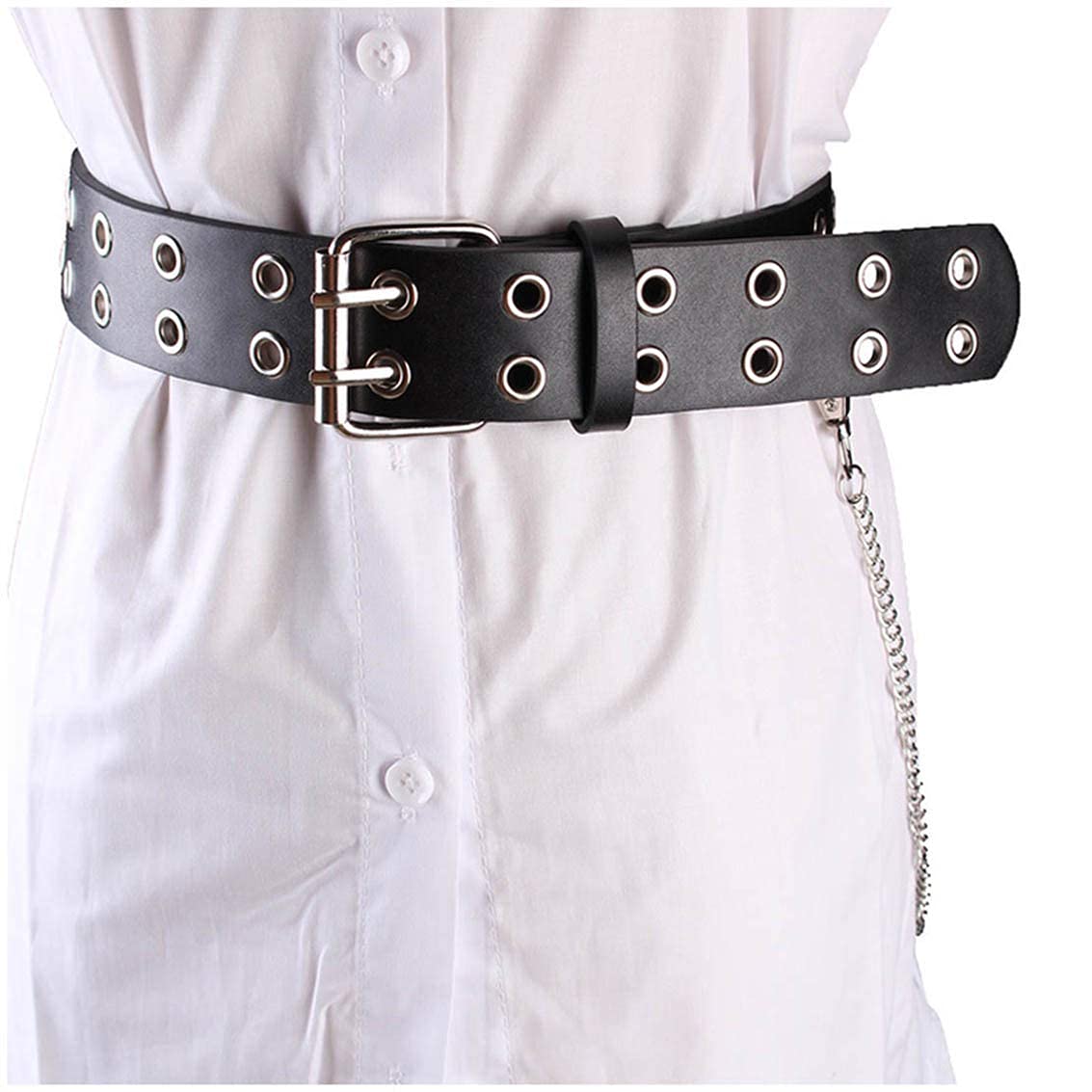 UTOWO Women Grommet-Belt with Chains Waist Belt Punk Style PU Leather (Black1) (free, Black1)