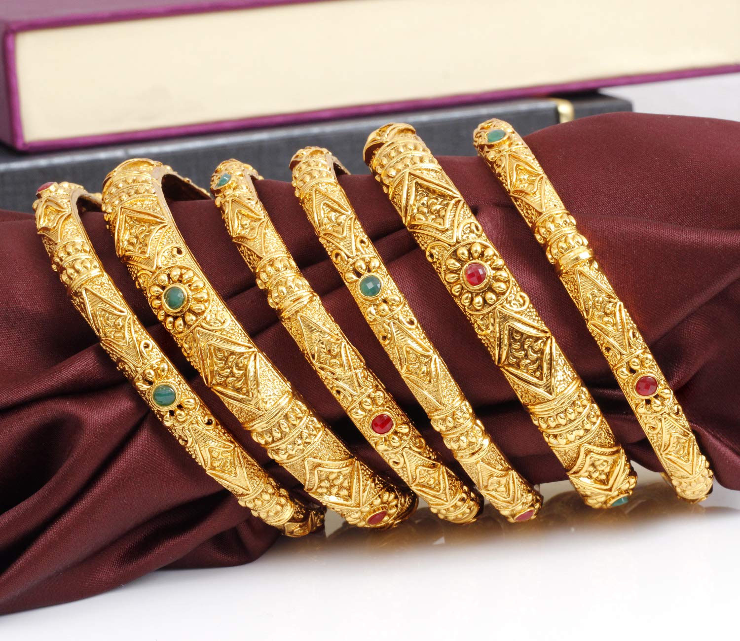 Ratna Indian Bollywood Ethnic Gold Tone Crystal Stone 6 pc Bangle Bracelet Set Traditional Bangle Set Wedding Costume Jewelry