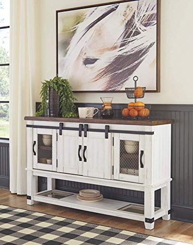Signature Design by Ashley Valebeck Farmhouse -Dining Room Server or Buffet, White & Brown & Valebeck Farmhouse Rectangular Extension Dining Table, Fits up to 8, White & Brown