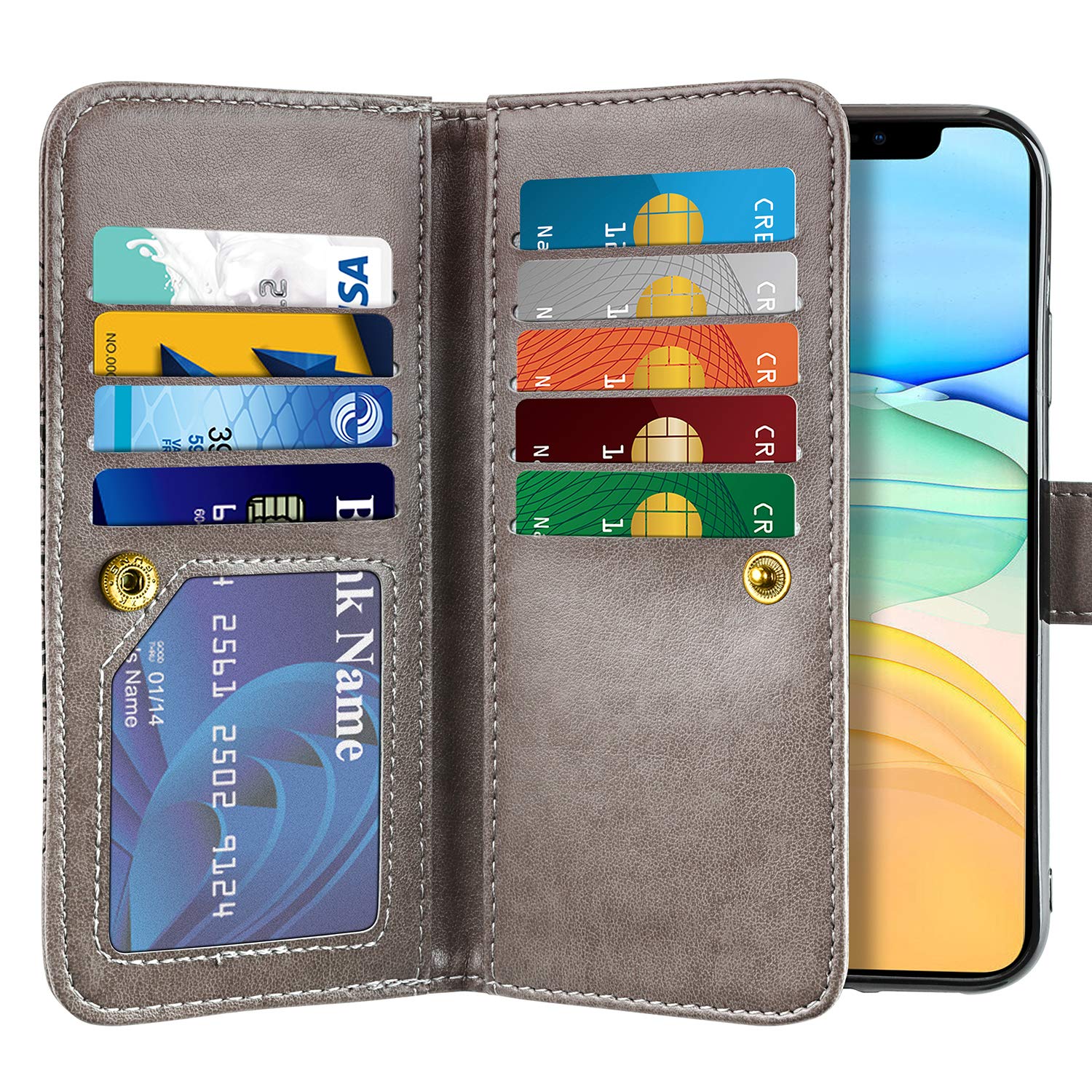 Vofolen 2-in-1 Case for iPhone 11 Case Wallet Credit Card Holder ID Slot Detachable Hybrid Protective Slim Hard Shell Magnetic PU Leather Folio Pocket Flip Cover for iPhone 11 6.1 inch Mandala Grey