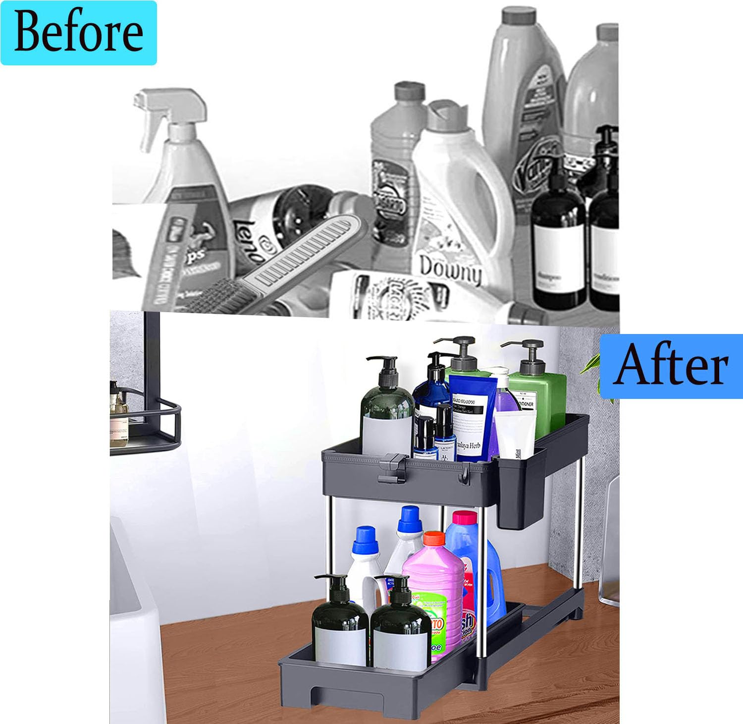 WAYLHECT Under Sink Organizer,2 Tier Under Bathroom Sink Organizers and Storage for Kitchen, Bathroom Black