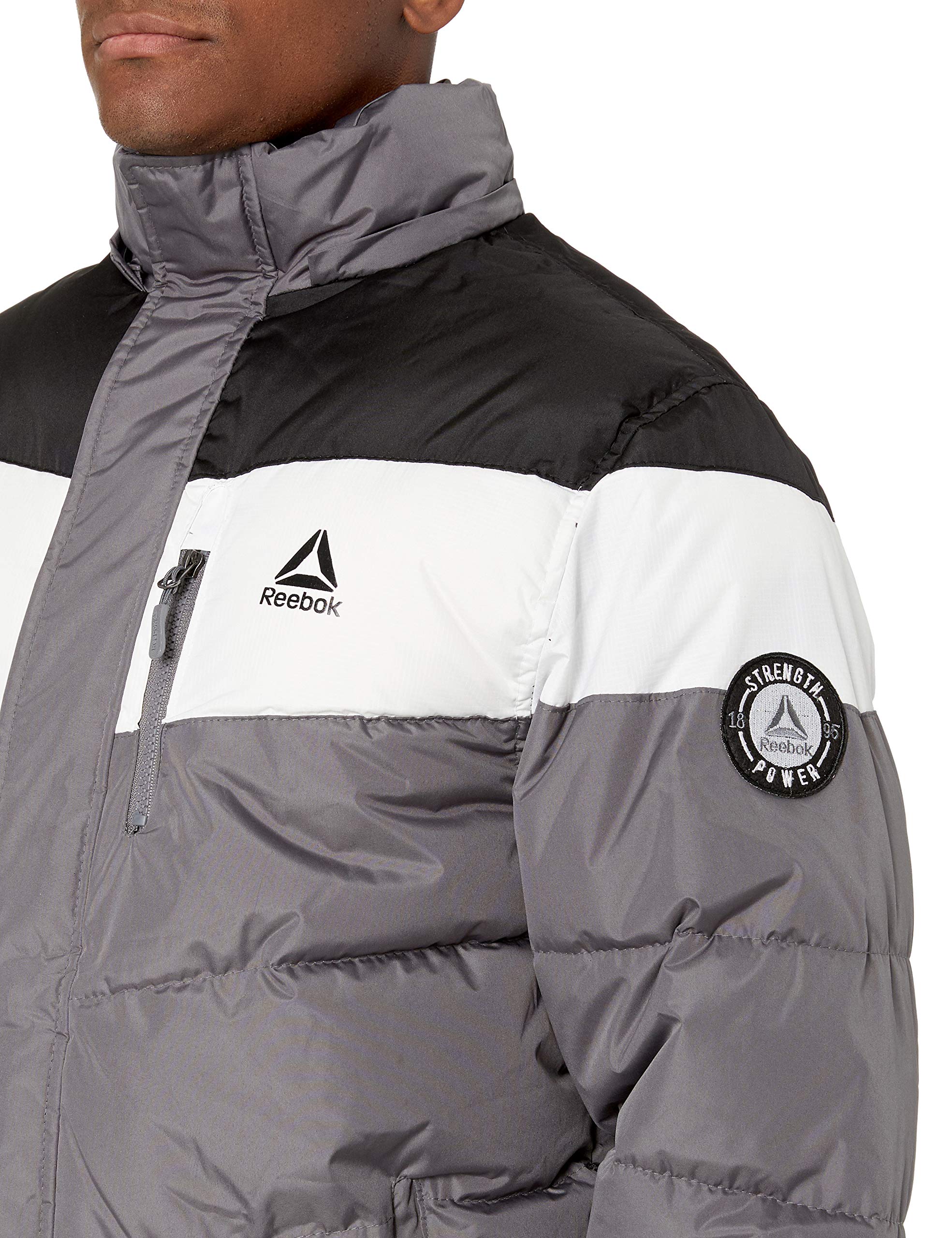 Reebok Men's Heavy Weight Hooded Bubble Jacket, Power Black/White/mid Grey, X-Large