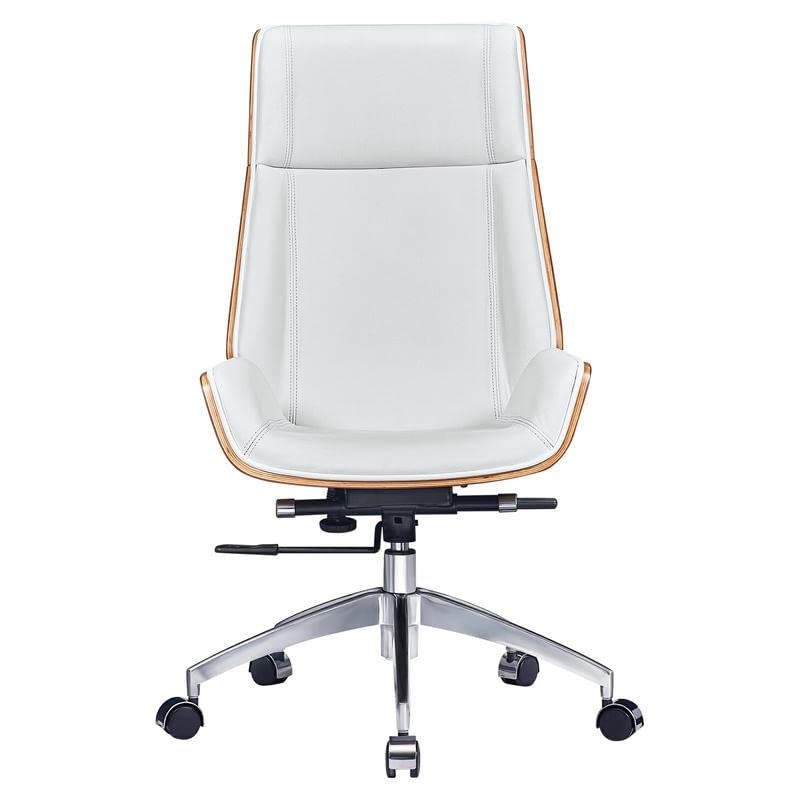 Swivel Ergonomic Office Chair, Genuine Leather Computer Chair with Adjustable Height and 4-Point Support, Comfortable High Back Desk Chairs with Mute Pulley for Living Room, Office, White