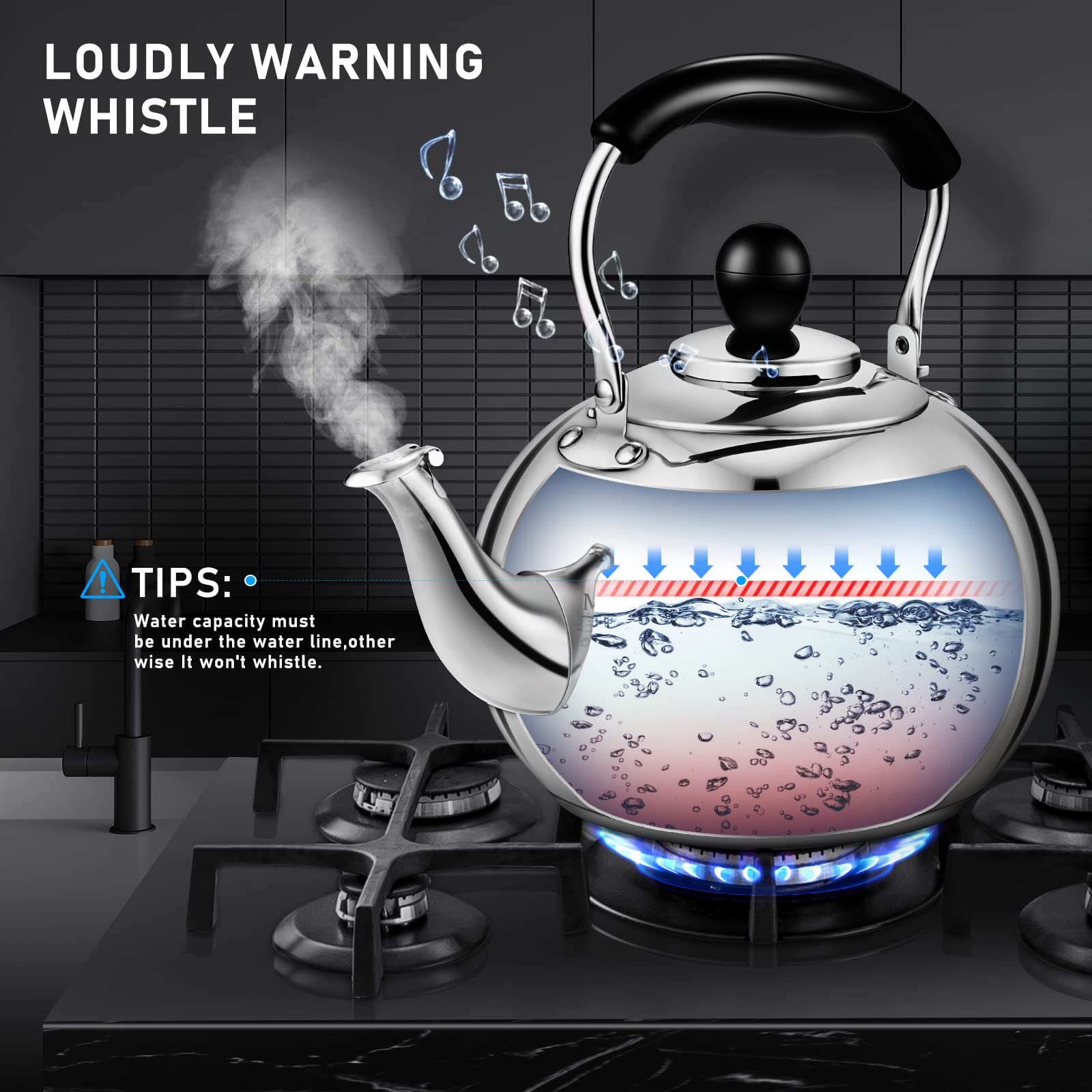 Stove Top Whistling Tea Kettle - 2.64 Quart Tea Kettle, Vintage Tea Pots,Triple Layer Stainless Steel Teapots for Stove Top,Universal Base for Induction Gas | Halogen | Radiant