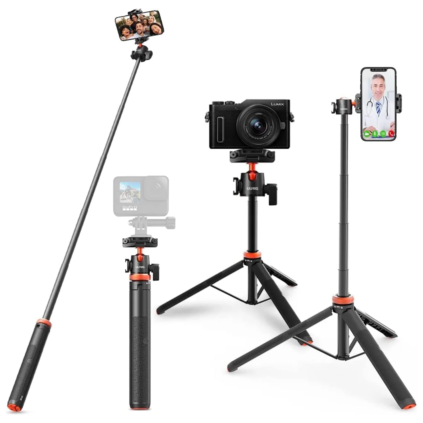 UURig Camera Tripod, 52 inch Extendable Phone Selfie Stick Camera Tripod Stand with 2 in 1 Phone Clip, 5 Levels Adjustment 360Β° Ball Head Loads Up for iPhone Sony Canon GoPro