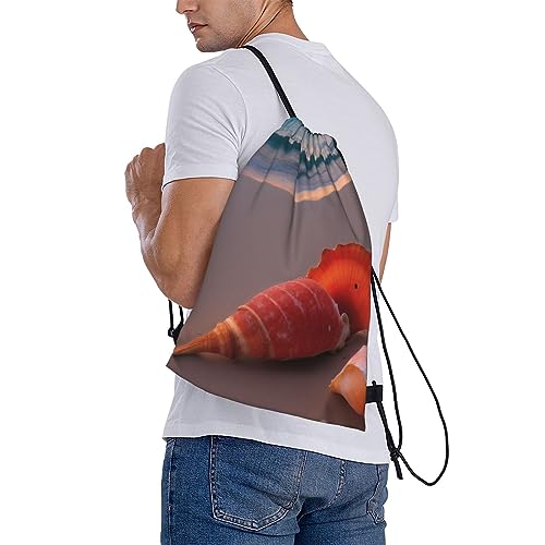 Shell Beach Sunset Drawstring Backpack For Men And Women'S Sports And Fitness Bag, Large Size, Zippered Pocket, Lightweight, Foldable And Portable For Travel