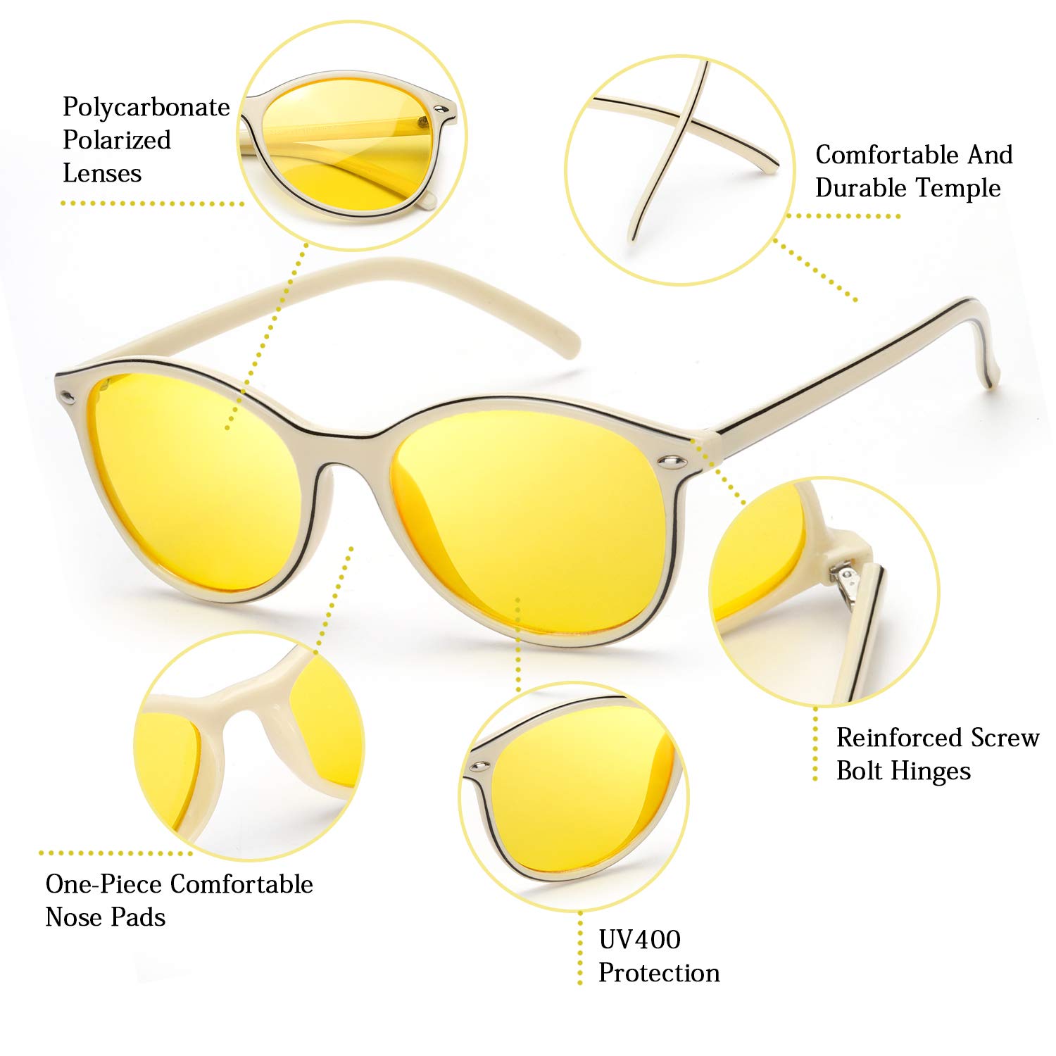 TJUTR Women's Polarized Night-Driving Glasses - HD Night-Vision Yellow Lens Reduce Glare Safety Nighttime (Beige Frame/Yellow Night-Vision Lens)