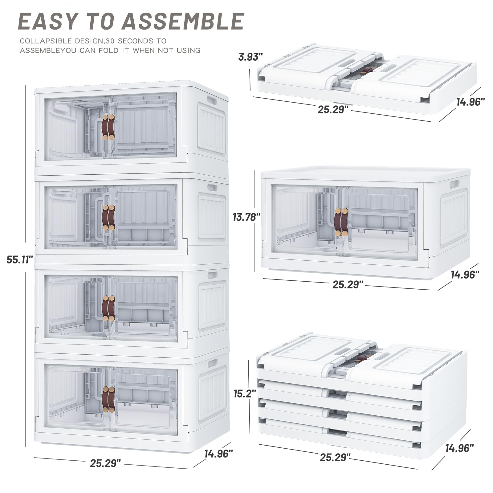 Shelime 4 Pack Foldable Storage Bins with Lids, 23 Gallon Collapsible Storage Bins with Doors and wheels, Stackable Storage Boxes Open Front, Plastic Closet Organziers for Home Bedroom.