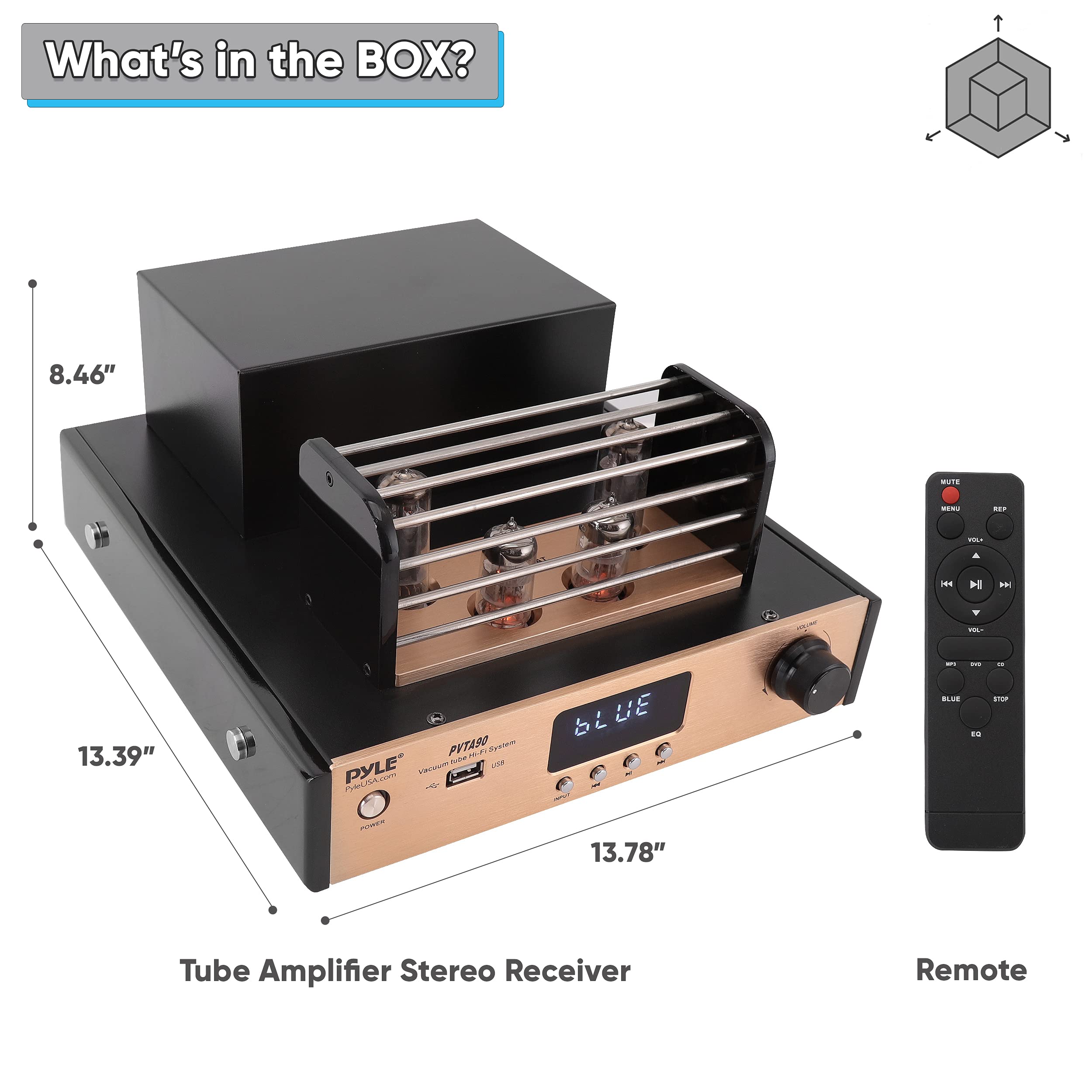 Pyle Bluetooth Tube Amplifier Stereo Receiver - 1000W Home Audio Desktop Stereo Vacuum Hi-Fi Power Amplifier Receiver w/ 4 Vacuum Tubes, USB/CD/DVD Input, Optical/Coaxial, Subwoofer Output - PVTA90