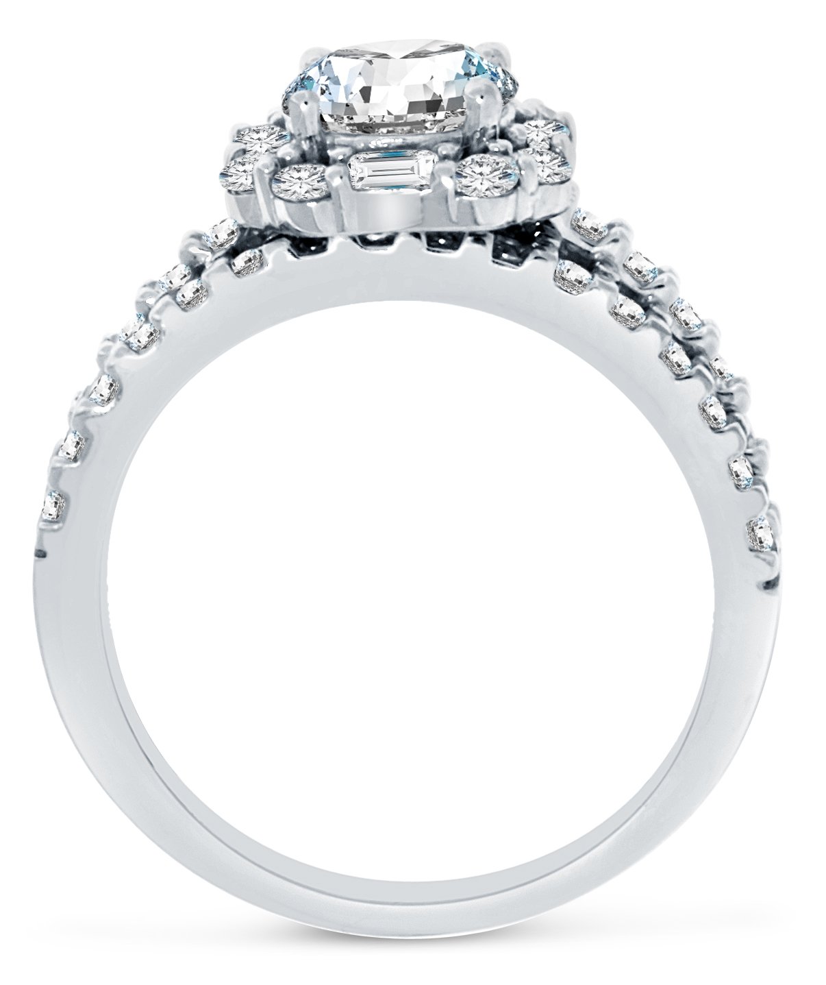 Size 4 - Solid 14k White Gold CZ Cubic Zirconia Halo Bridal Engagement Ring w/Matching Wedding Band Two Ring Set - Round Brilliant Cut Solitaire with Baguette Side Stones (2.75cttw., 1.0ct. Center)