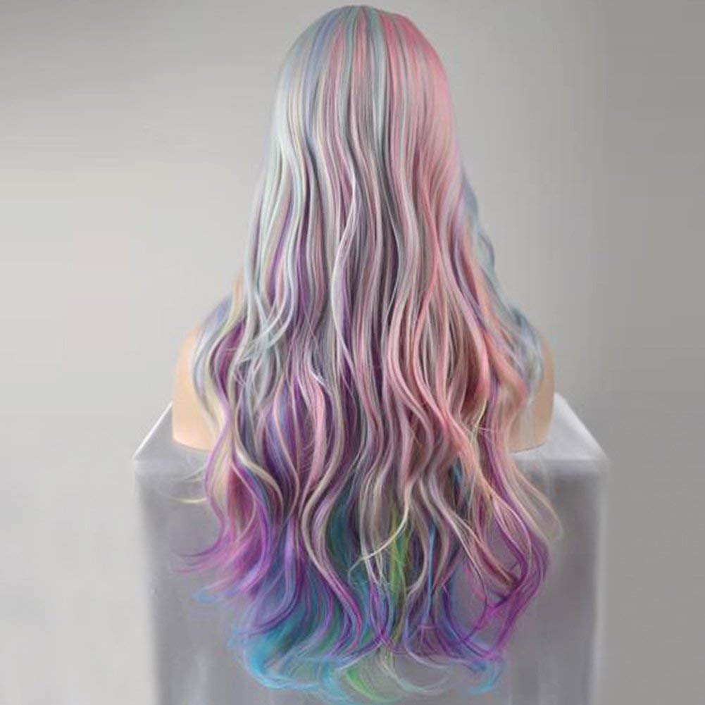 RightOn Rainbow Wig Long Curly Wig Multi-Color Wig Charming Full Wigs for Cosplay Girls Party or Daily Use Wig Cap Included