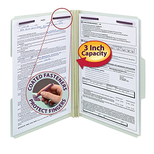 Smead® Pressboard Fastener Folders With SafeSHIELD® Fasteners, 3" Expansion, Legal Size, 100% Recycled, Gray/Green, Box