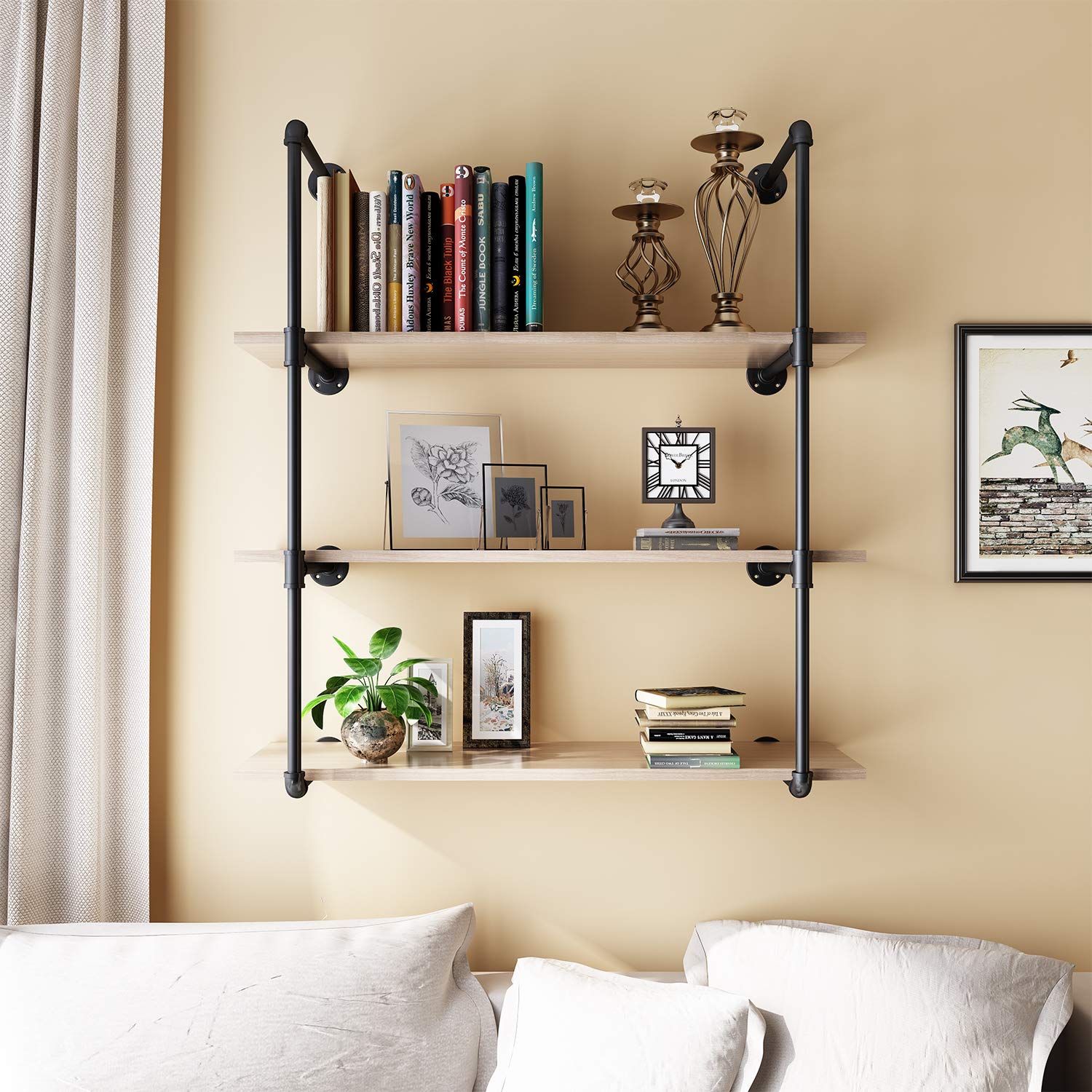 REYADE Industrial Iron Pipe Shelf (2PCS, 40" Tall), 4 Tier Wall Mount Shelf Bracket, Vintage Floating Shelving Unit, Open Bookshelf, DIY Storage Display Rack for Home Kitchen Office (No Board Include)