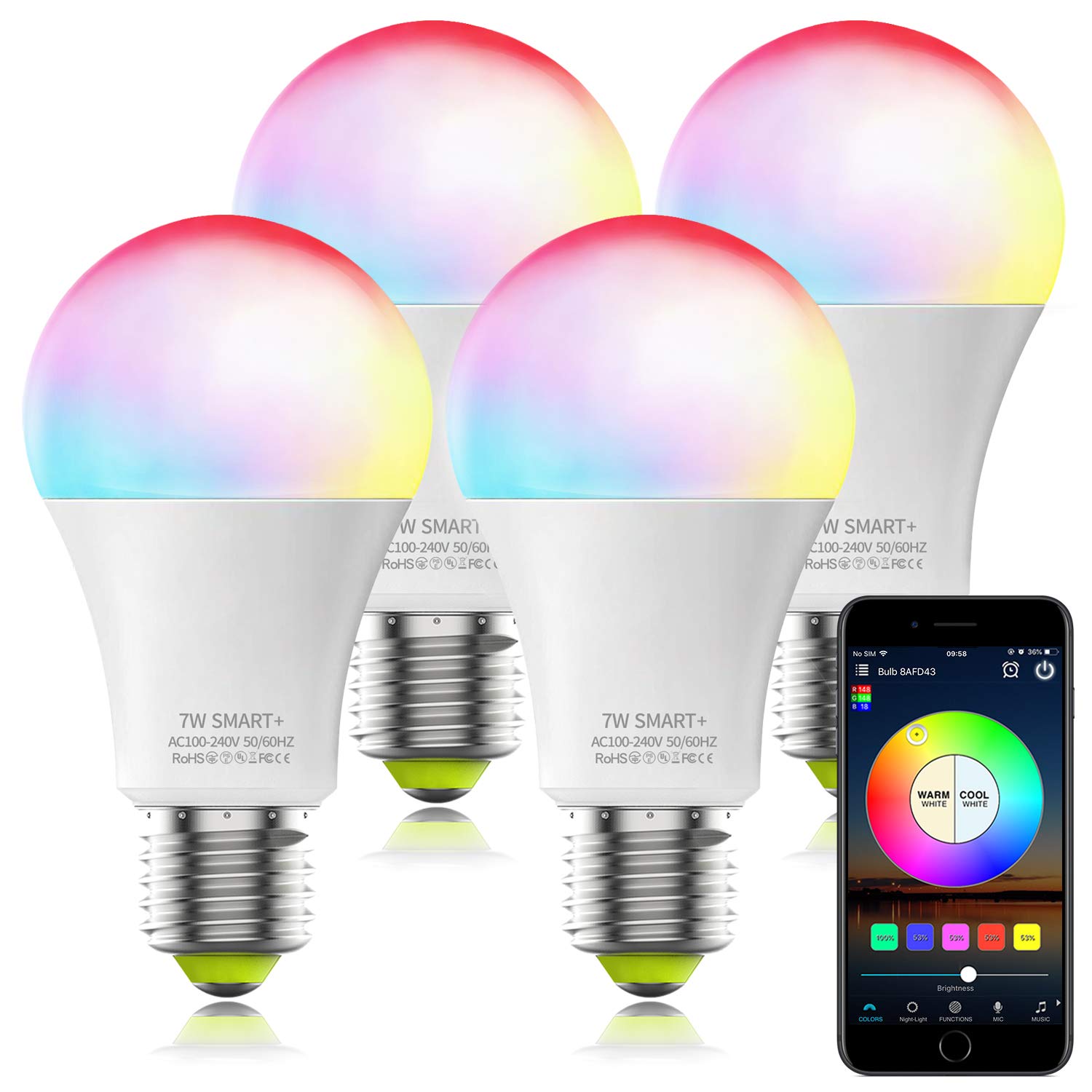 Vanance Smart Light Bulbs, WiFi & Bluetooth Compatible A19 Full Color Changing Light Bulbs, 60W Equivalent, Dimmable, Smart Home LED Bulbs Work with Alexa Google Assistant, 4Pack