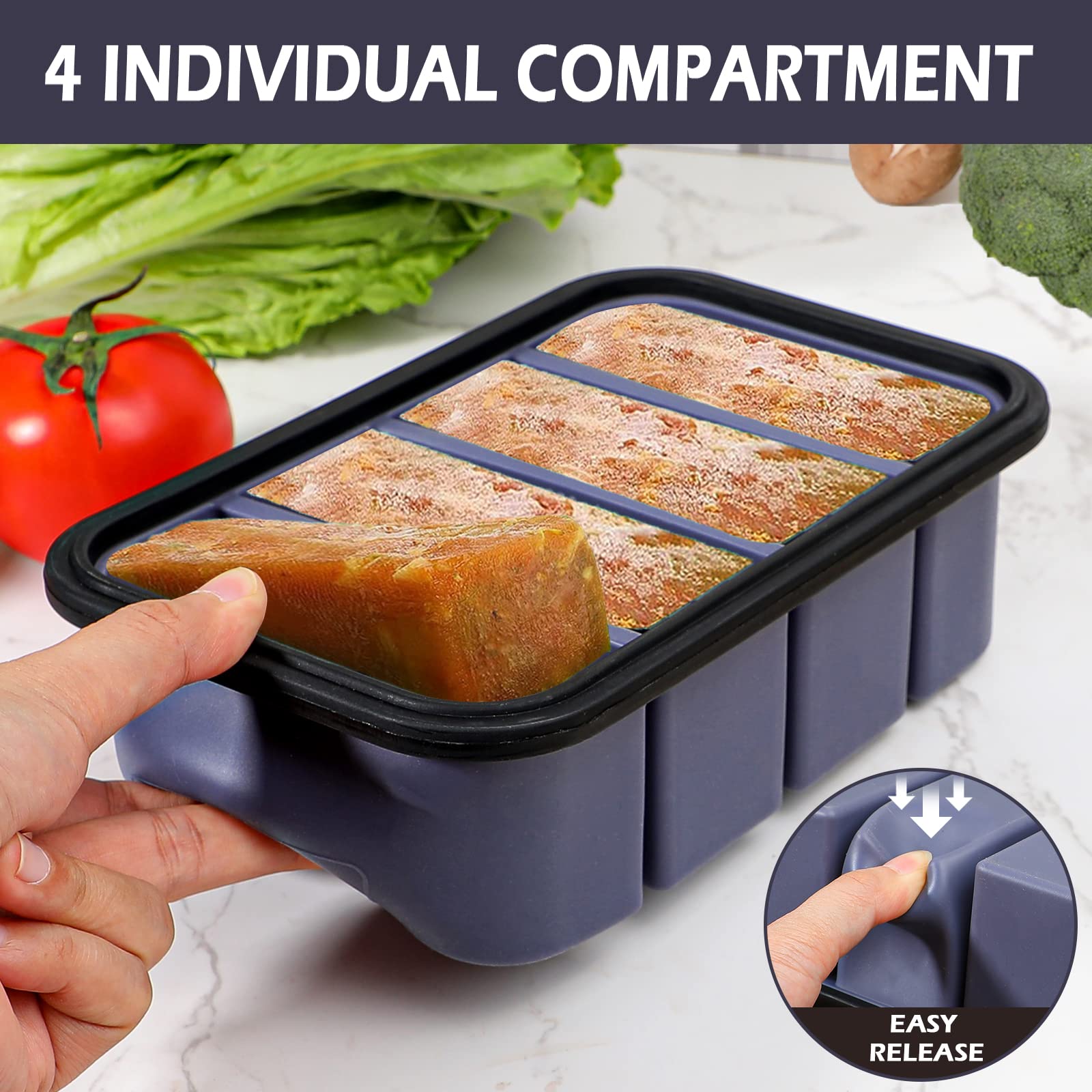 Webake Silicone Freezer Tray with Lid, Food Storage Container 1 Cup Portion, Ice Cube Tray for Soup Sauce Meal Prep, BPA Free - Grey