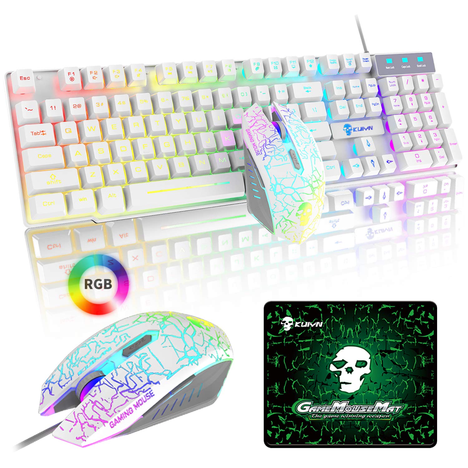 XINMENG 4-in-1 Gaming Keybaord Mouse Headset Combo,RGB Rainbow LED Backlight Gamer Keyboard and Crack Game Mouse Illuminate 3.5mm Stereo Camouflage Headphone for Laptop Computer PC Games