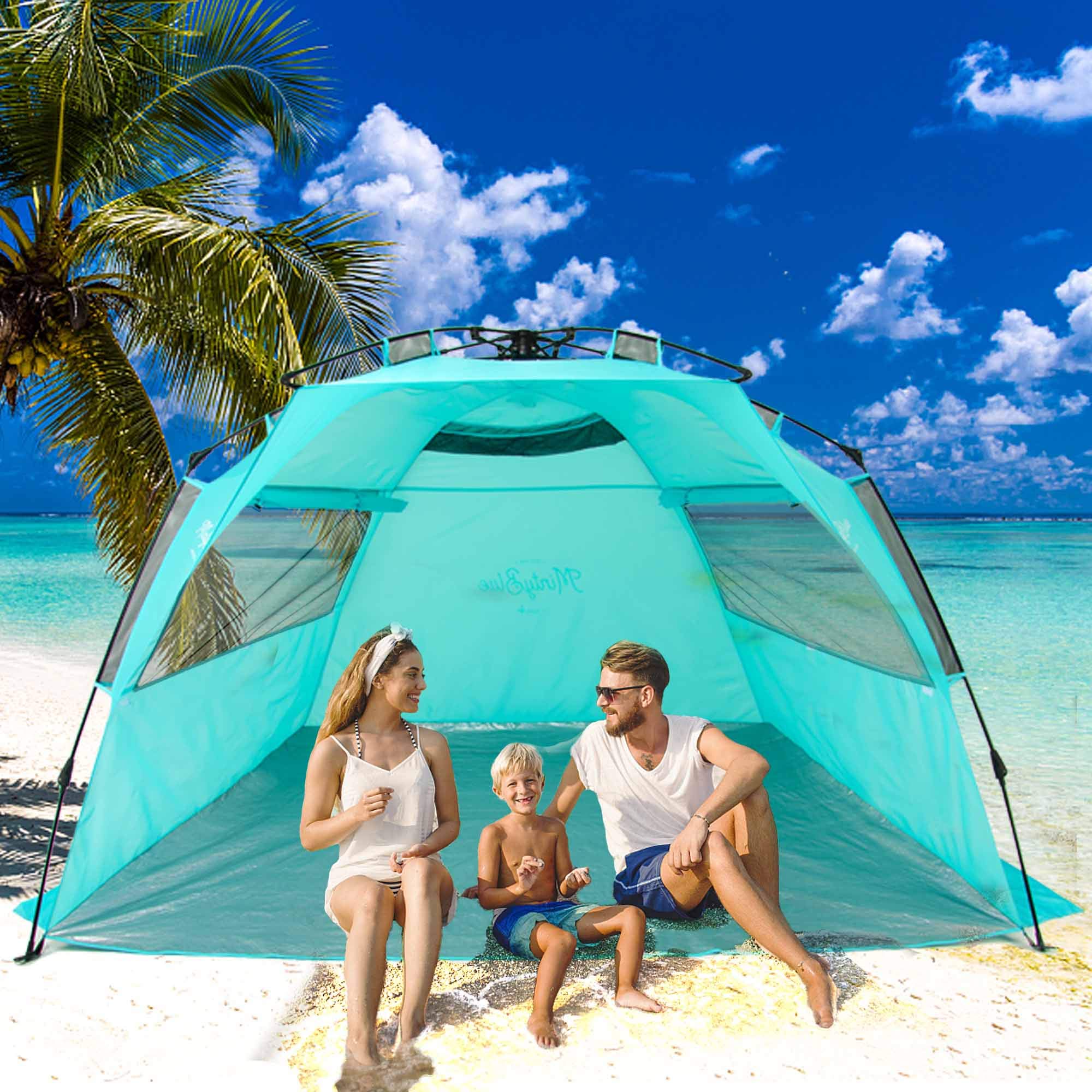 porayhut Easy Up Folding Beach Tent Sun Shade Shelter,3-4 Person for Family,SPF 50+,Large Mesh Roll Up Ventilation Windows,Storage Pockets,Carry Bag and Stakes