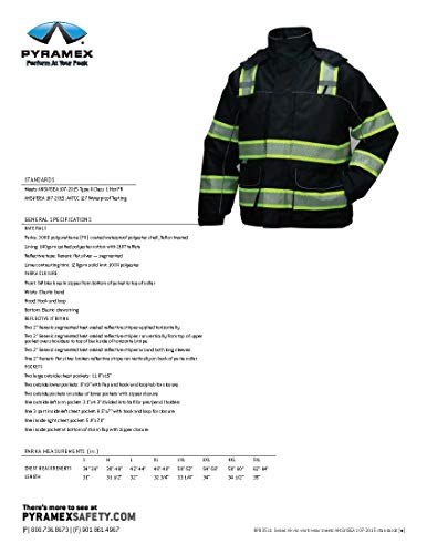 Pyramex RPB35 Series Teflon Coated Waterproof Black Parka ANSI Type O Class 1 With Quilted Lining Large