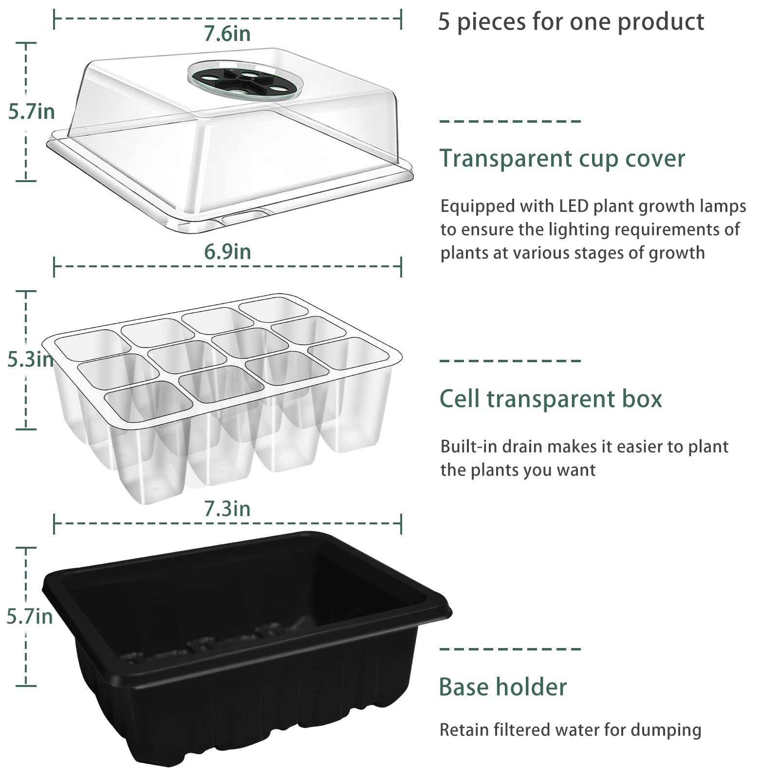 QMCAHCE 5Pack Seed Starter Tray With Grow Light, Greenhouse Mini Plant Seeding Kit 60 Cells Total, Indoor Seed Starter Kit with Adjustable Humidity Dome, Gardening Plant Germination Light Trays(Black)