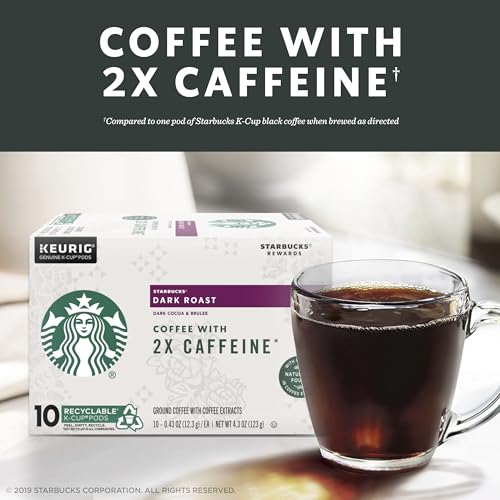 Starbucks Dark Roast K-Cup Coffee Pods with 2X Caffeine, for Keurig Brewers, 6 boxes (60 pods total)