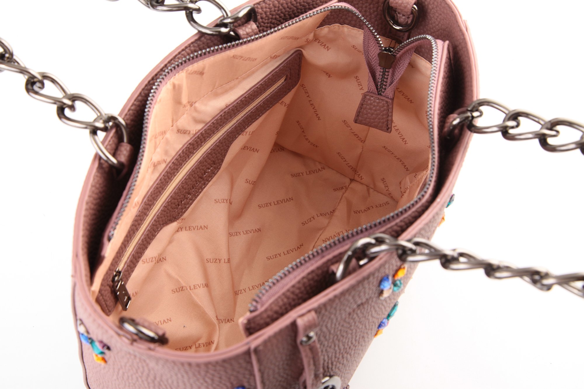 Suzy Levian Pebbled Faux Leather Rhinestone Satchel Handbag