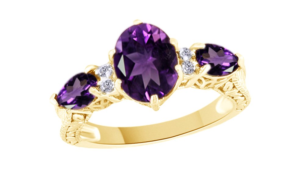 THE JEWEL ZONE Simulated Amethyst & White Topaz CZ Three Stone Ring in 14k Yellow Gold Over Sterling Silver (3.50 Cttw) Ring Size-7