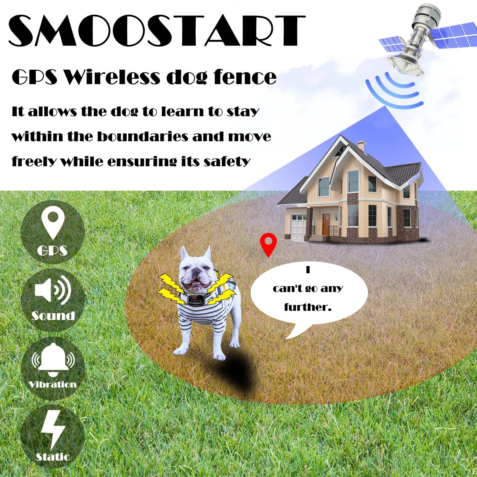 Smoostart GPS Wireless Dog Fence, Dog Boundary Collar System Electric Dog Fence with GPS, Range 100-3280 ft Pet Containment System Multi-Function in 1 Suitable for All Dogs