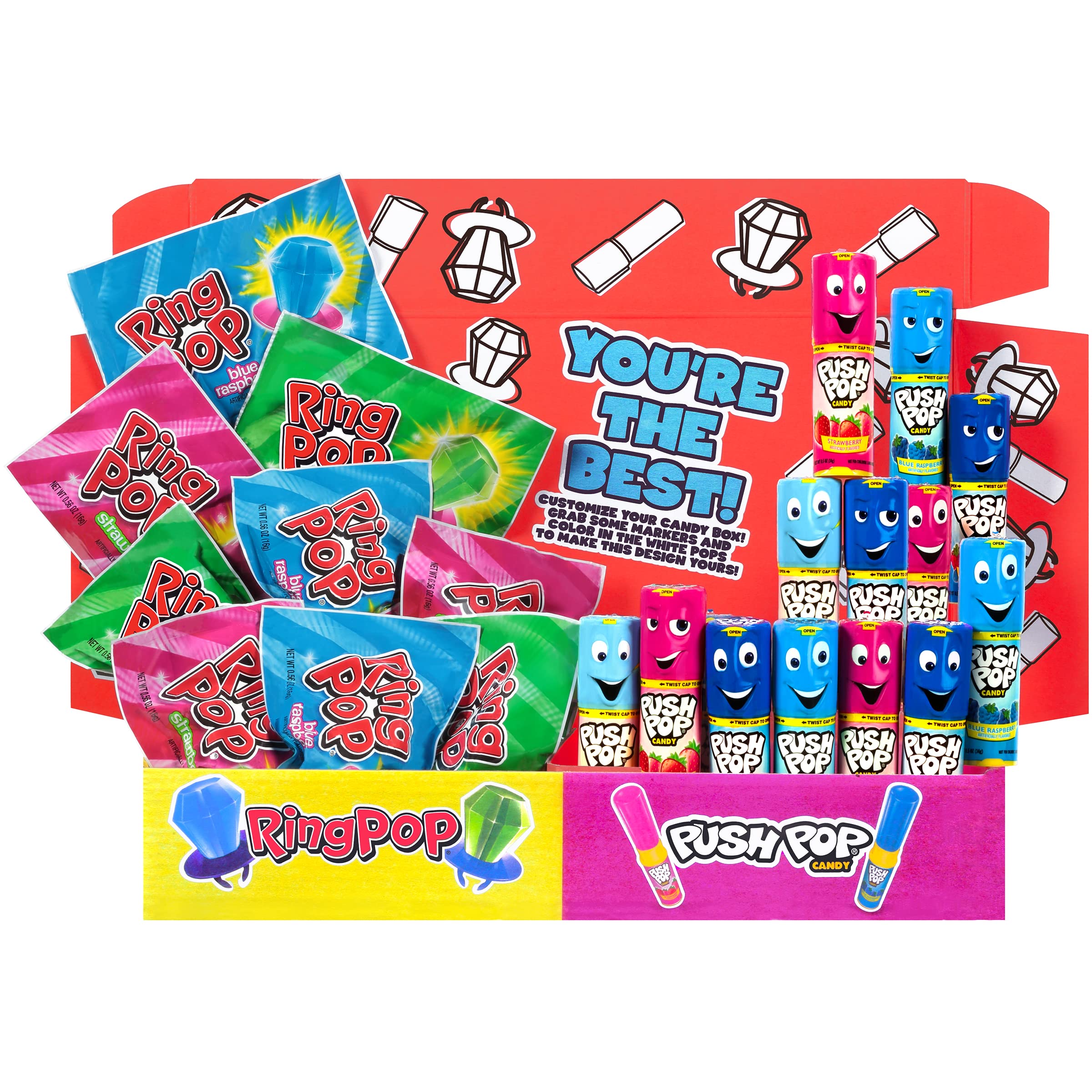 Ring Pop Push Pop 30 Count Summer Candy Box - Assorted Fruity Lollipop Candy Gift Box - Fun Candy For Birthdays, Party Favors, Pool Parties, 4th of July & Summer Fun - Summer Treats Loved by Kids