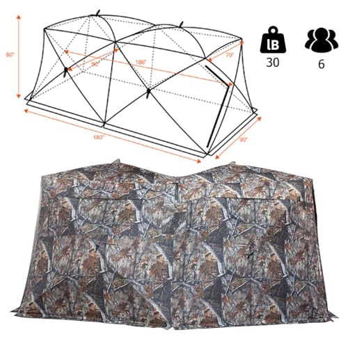 THUNDERBAY Bunkhouse Pop Up Portable Side-by-Side See Through Hunting Blind, 6 Person Wide Bottom 360 Degree See Through Hunting Tent, Footprint: 180"x90" with 80" Height