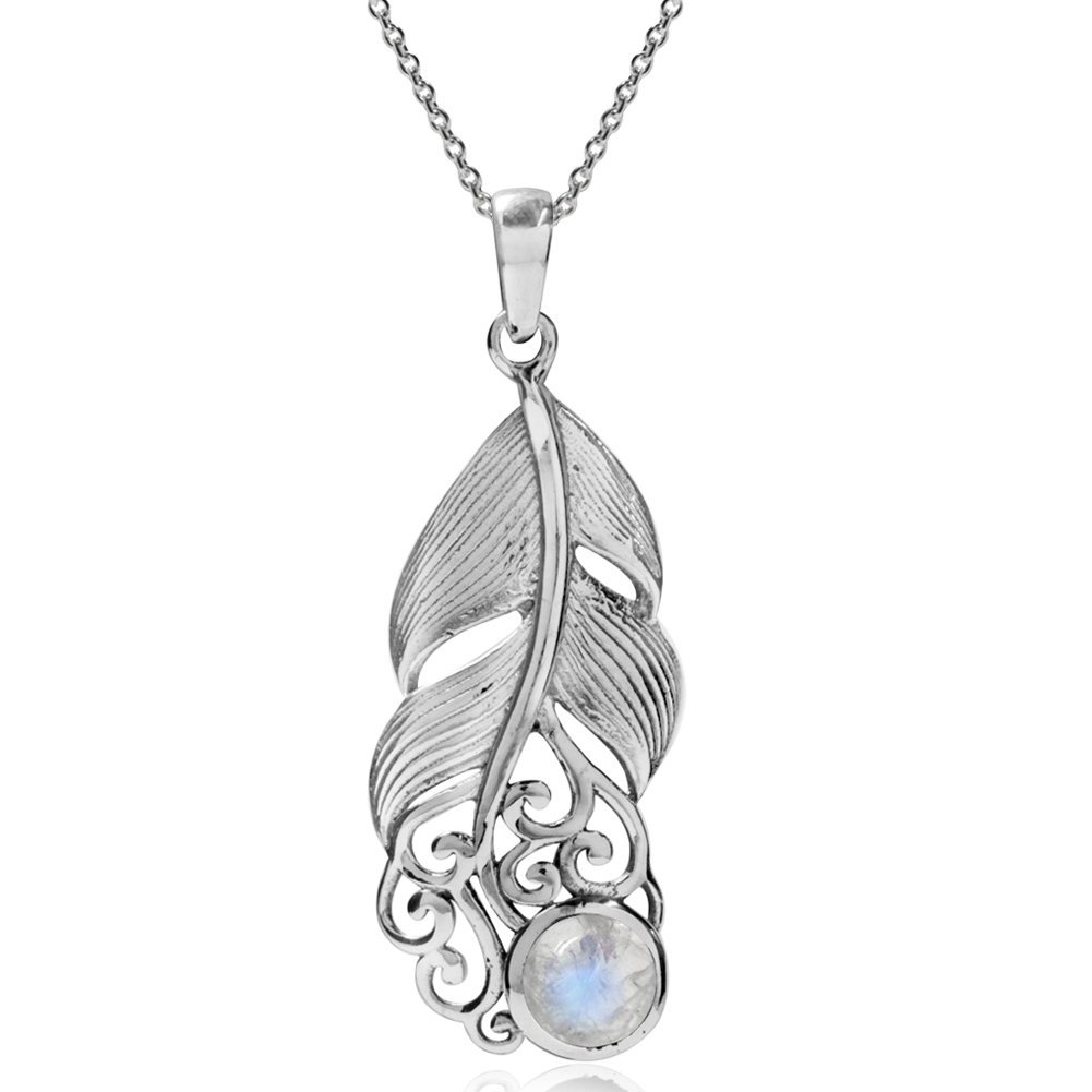 Silvershake Natural Moonstone 925 Sterling Silver Feather Victorian Style Pendant with 18 Inch Chain Necklace