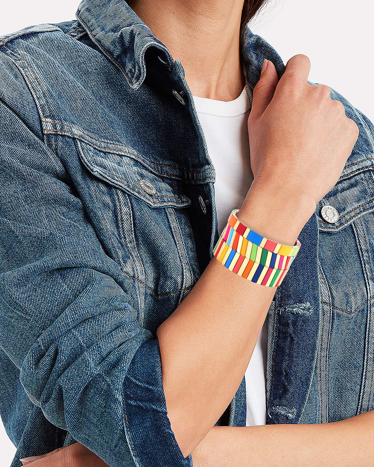 YAHPERN Enamel Tile Bracelet Set Multicolor Rainbow Tila Elastic Stretch Bracelets Bohemian Colorblocks Beaded Stackable Bangle Bracelet For Woman (Style: A)