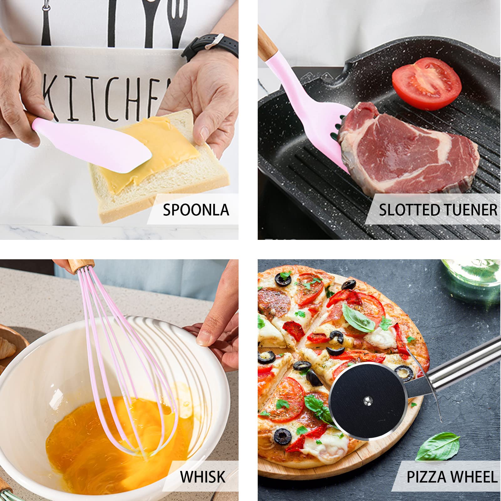 Silicone Cooking Utensils 35 Piece Set, ONATISMAGAIN Kitchen Utensil Set Heat Resistant Non-Stick Cookware with Wooden Handle Suitable for Household Necessities Spatula Spoon Set (Black)