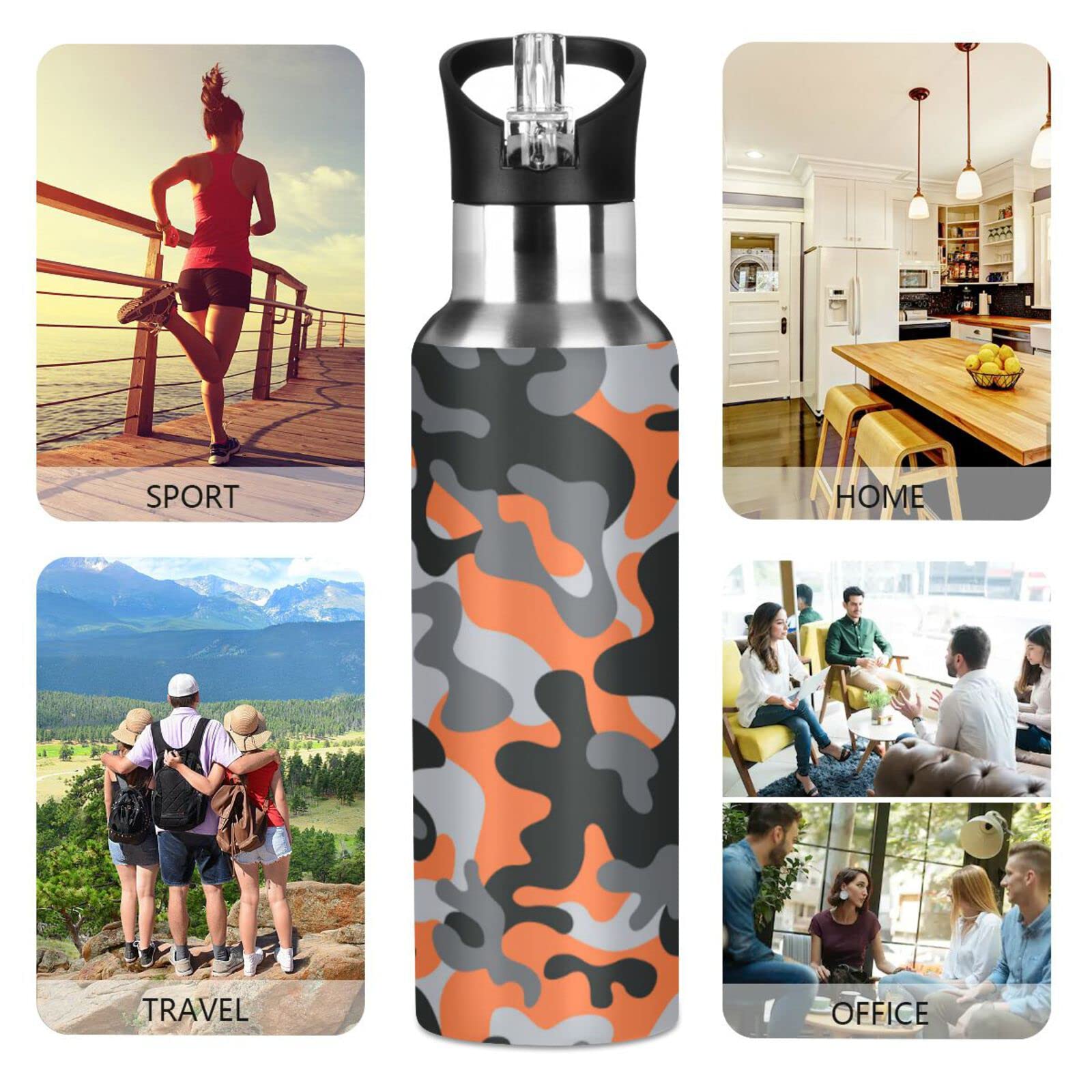 WELLDAY Water Bottle Orange Camouflage Double Wall Vacuum Insulated Flask Stainless Steel with Straw Lid 32oz