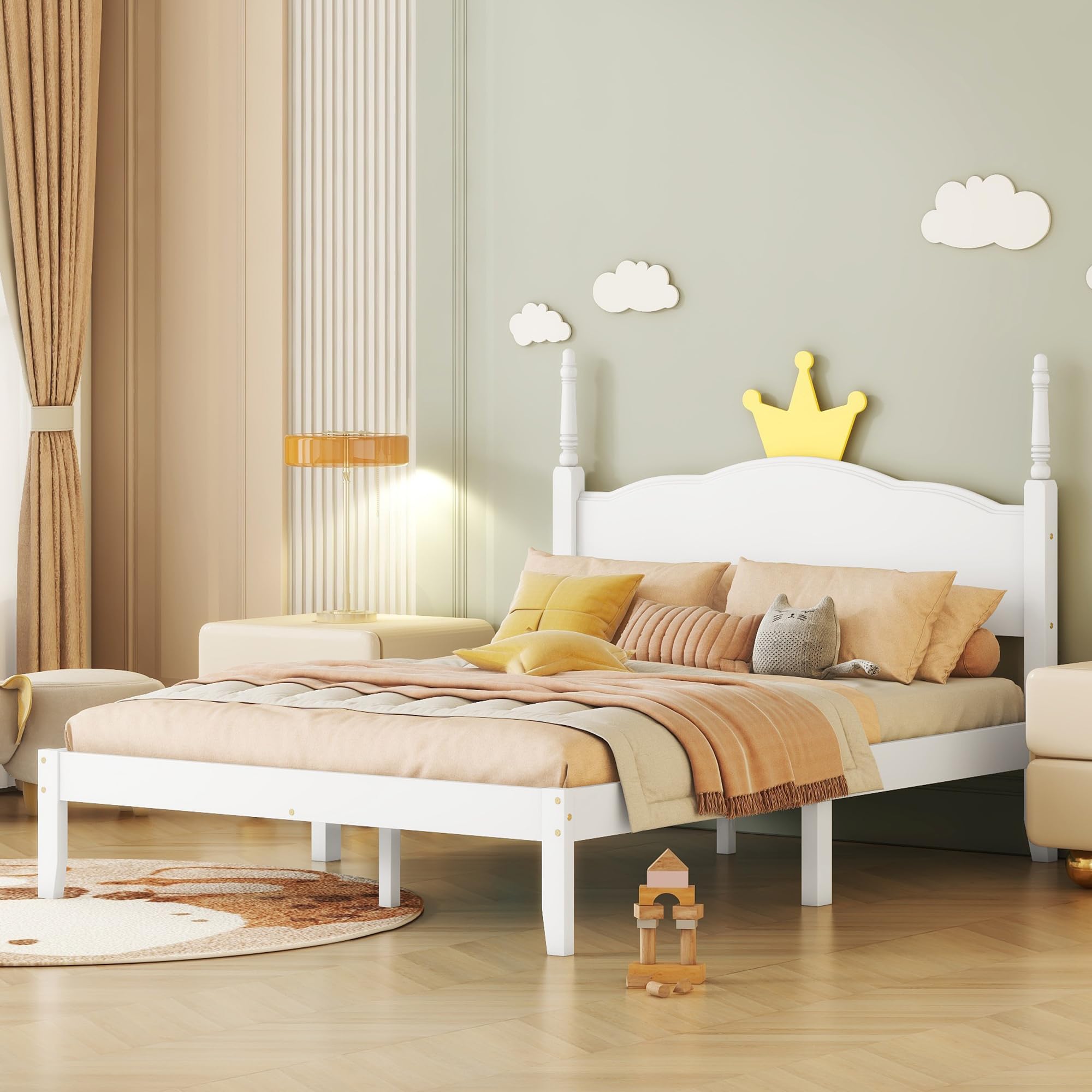Rhomtree Full Bed Frame with Crown Shaped Headboard, Wood Full Size Platform Bed Frames with Headboard for Boy Girl Kids,No Box Spring Needed(White, Full)