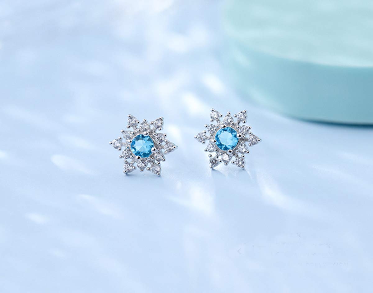 SLUYNZ 925 Sterling Silver Sparkling Blue Crystal Snowflake Studs Earrings for Women Pretty Snowflake Earrings Studs (A-Silver)