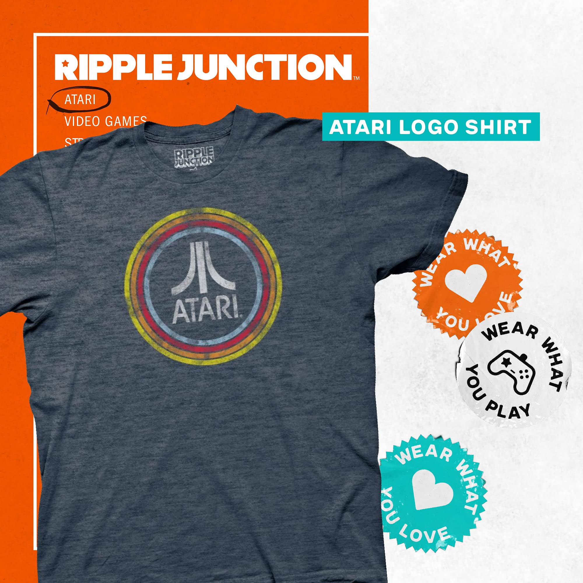 Ripple Junction Atari Men's Short Sleeve T-Shirt Distressed Classic Retro Fuji Logo in Circles Vintage Gaming XL HEA. Navy