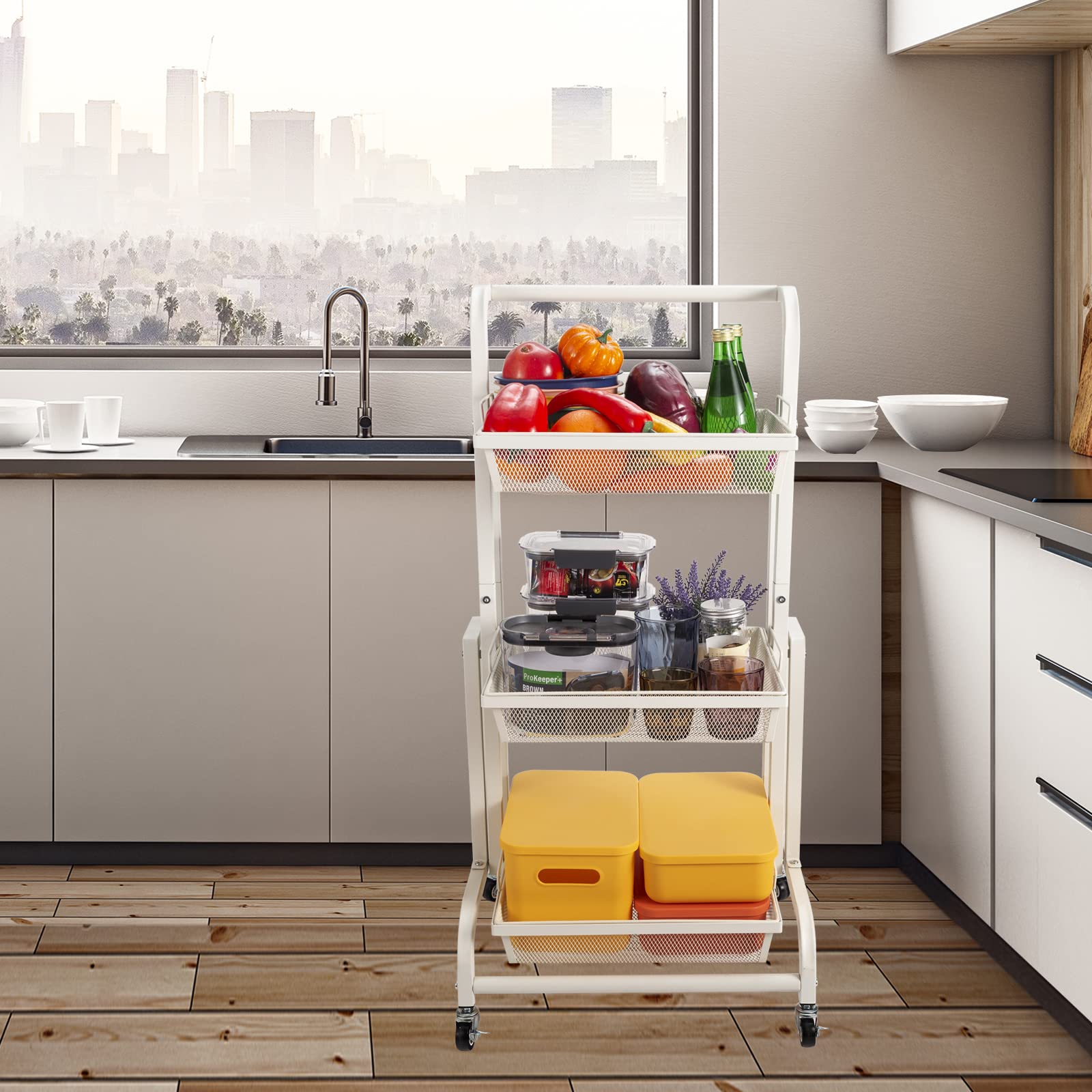 SHAPYR 3-Tier Metal Rolling Utility Cart, Adjustable Kitchen Storage Cart with Removable Mesh Baskets, Storage Trolley with Handle and Lockable Wheels for Kitchen, Bathroom, Office, Coffee Bar