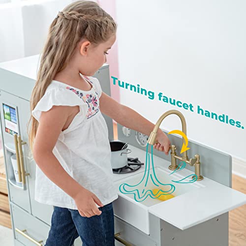 Teamson Kids Little Chef Charlotte Modern Modular Interactive Wooden Play Kitchen with Refrigerator, Stove and Sink in Gray with Gold Accents