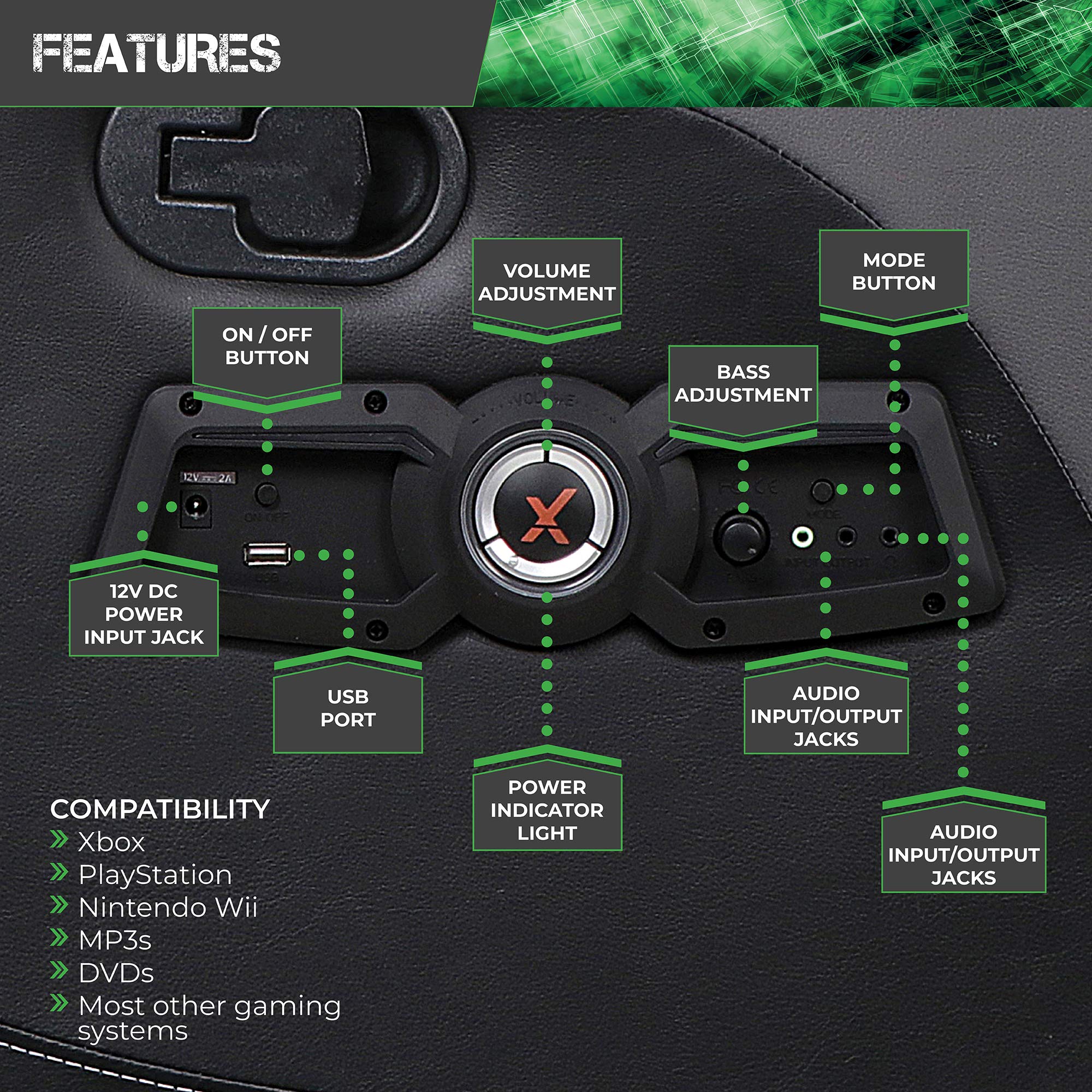 X Rocker Gamma Recliner Gaming Chair, 2.1 Bluetooth Audio System, Headrest Mounted Speakers, Built-in Footrest and Cupholder, 718001, 34.84" x 39.37" x 30.31", Black