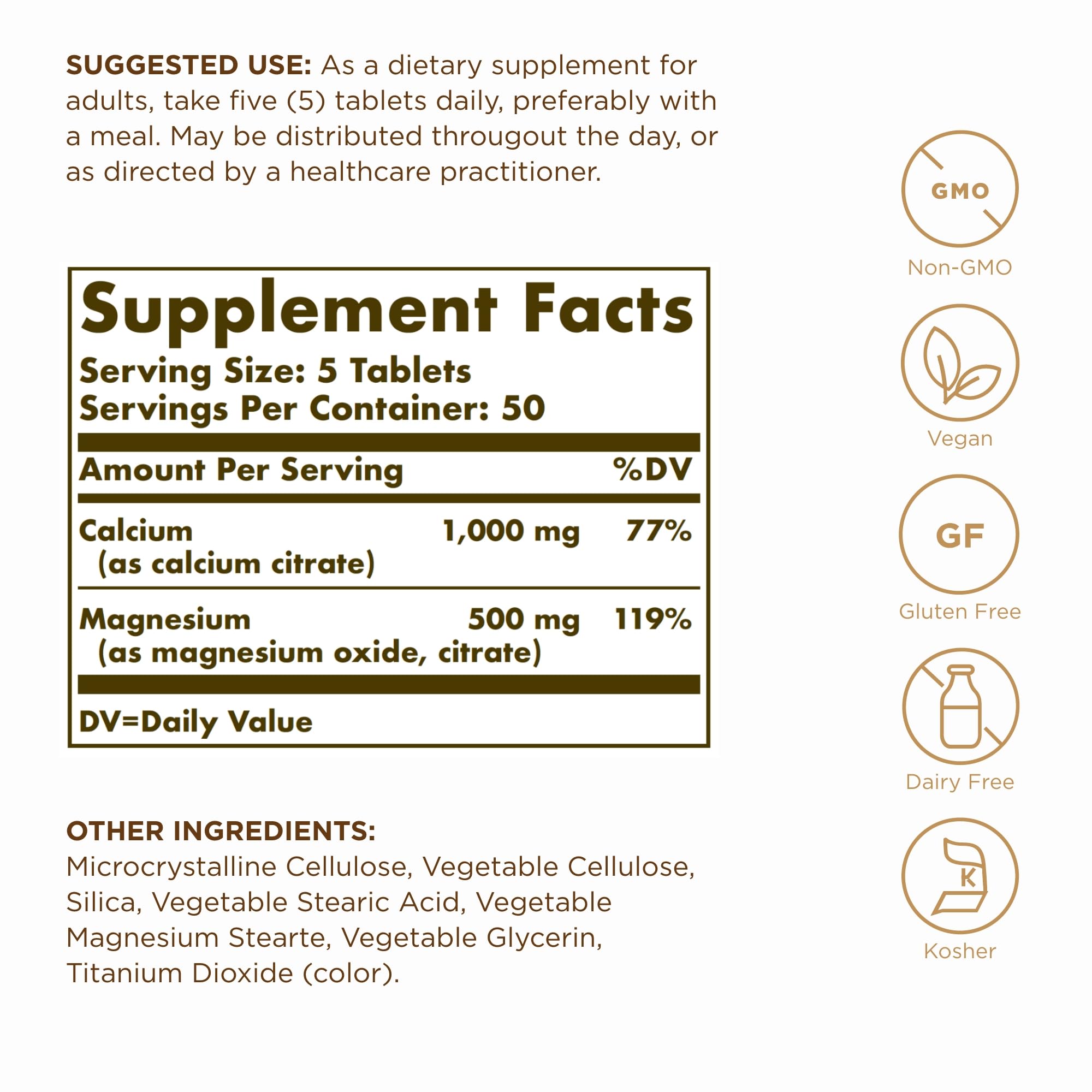 Solgar Calcium Magnesium Citrate - 250 Tablets, Pack of 2 - Non-GMO, Vegan, Gluten Free, Kosher - 100 Total Servings