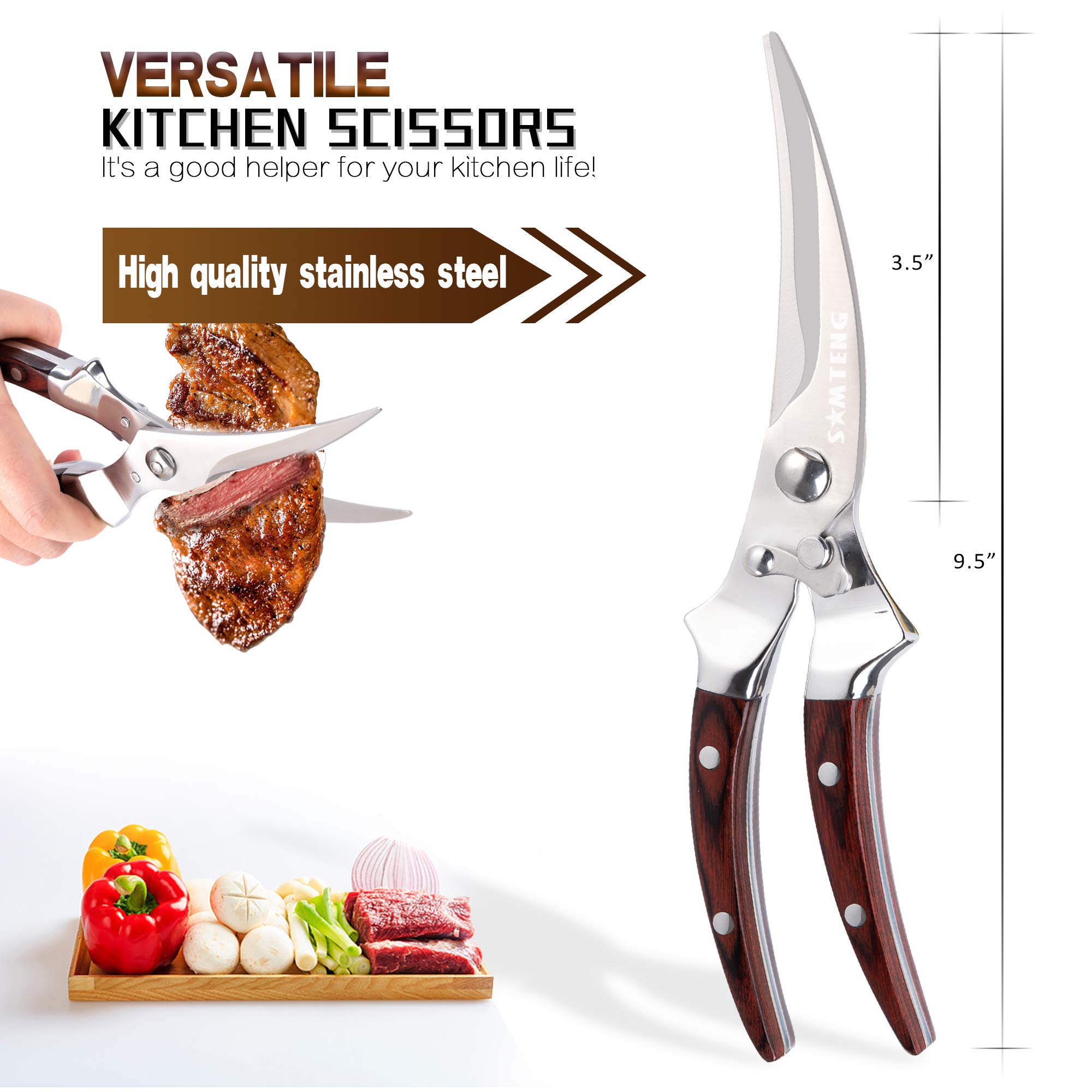 SMTENG sharp Poultry Shears,Good Grips Spring Loaded Poultry Scissors, Heavy Duty Kitchen Shears For Meat, Poultry & More, Multipurpose Kitchen Scissors with Pakka wood ox horn handle