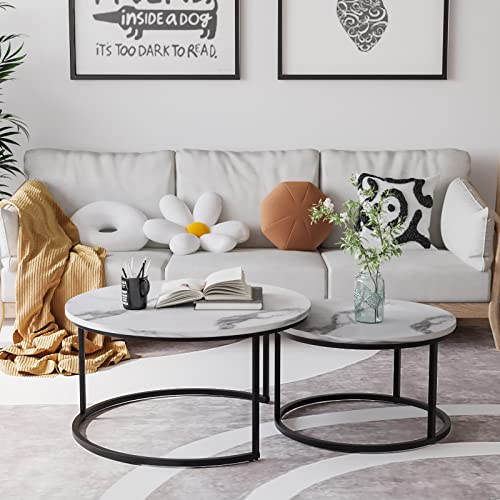 Smuxee White Nesting Coffee Table Set of 2, 31.5" Round Coffee Table Wooden Marble Pattern with Adjustable Non-Slip Feet, Industrial End Table for Living Room Bedroom Balcony